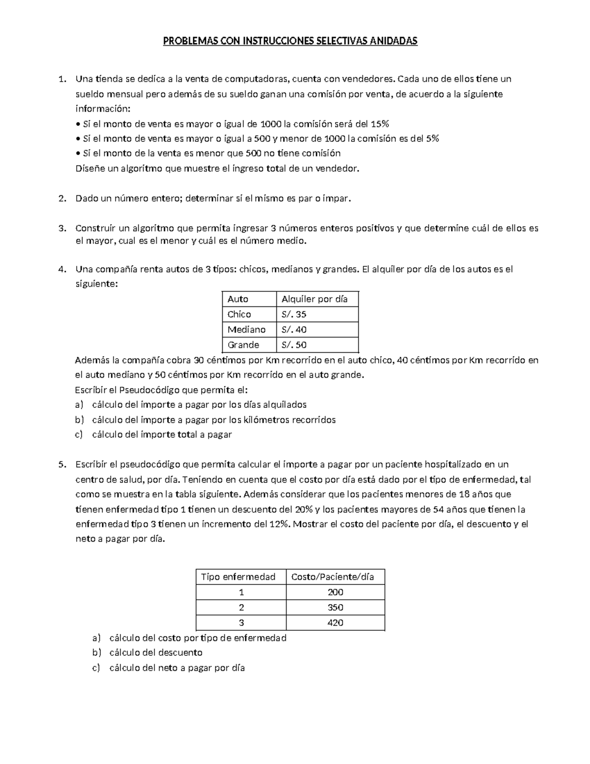 Ejercicios Condicionales Semana 10 - PROBLEMAS CON INSTRUCCIONES ...