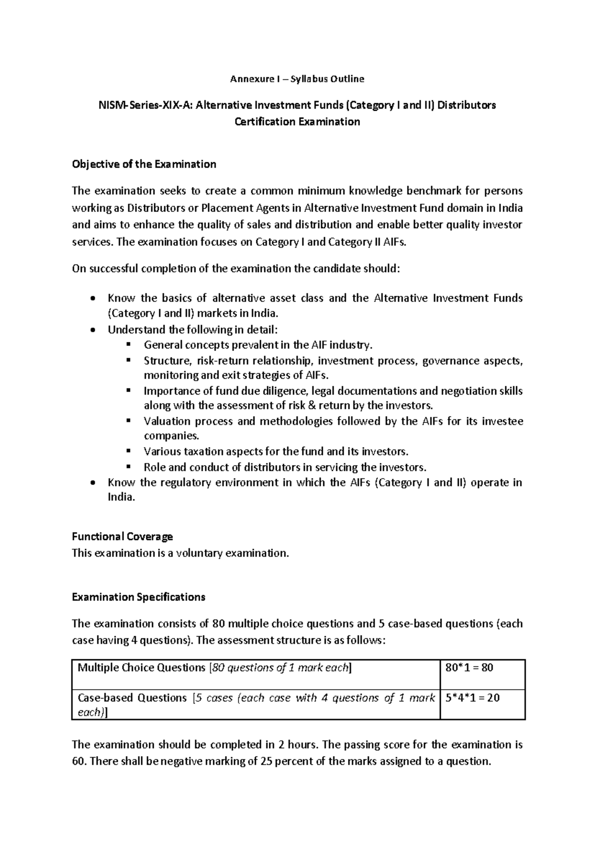 Annexure 1 NISM series XIX A - Annexure I – Syllabus Outline NISM-Series-XIX-A: Alternative ...