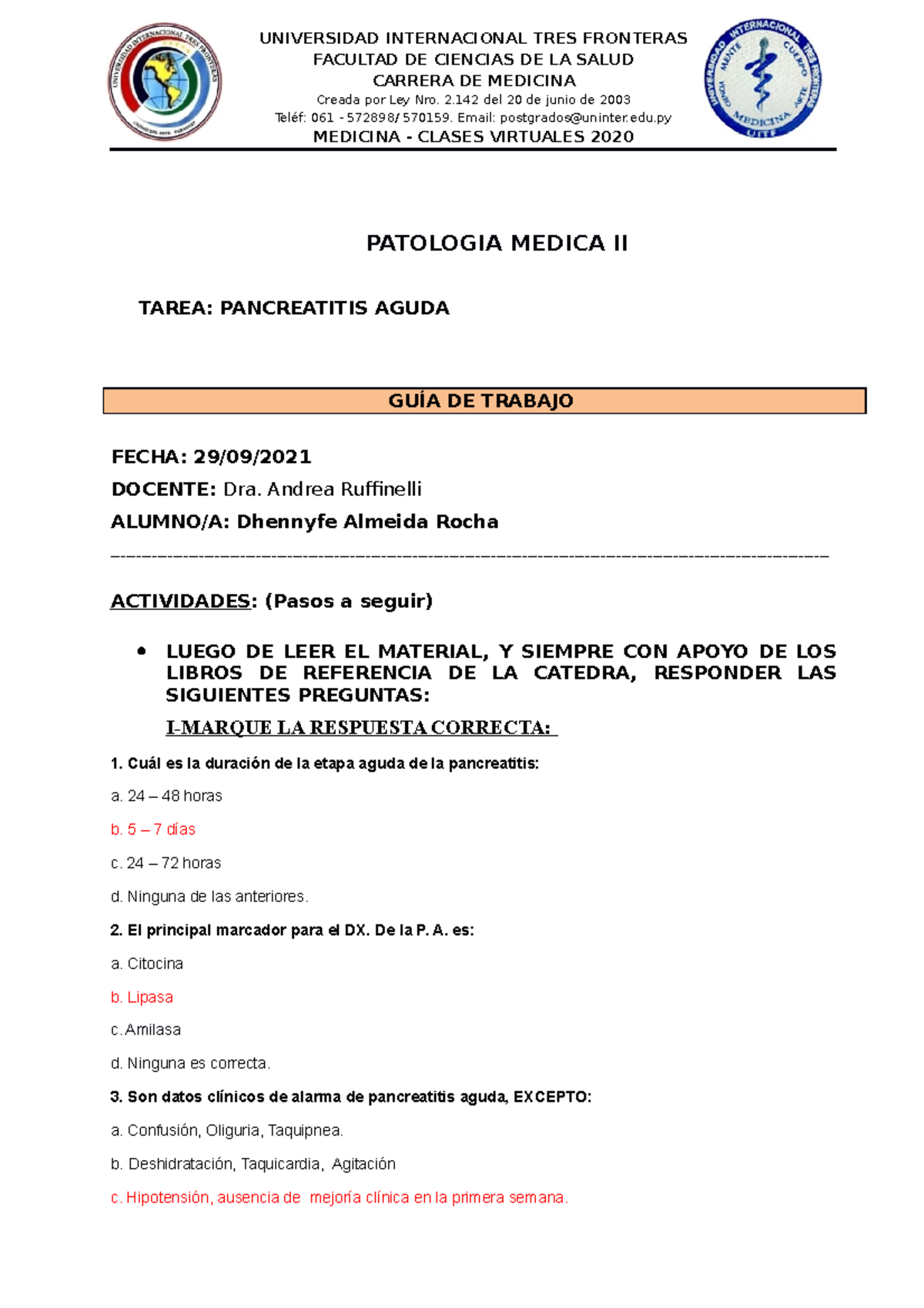 Tarea PATO Medica II Pancreatitis Aguda - UNIVERSIDAD INTERNACIONAL TRES FRONTERAS FACULTAD DE ...