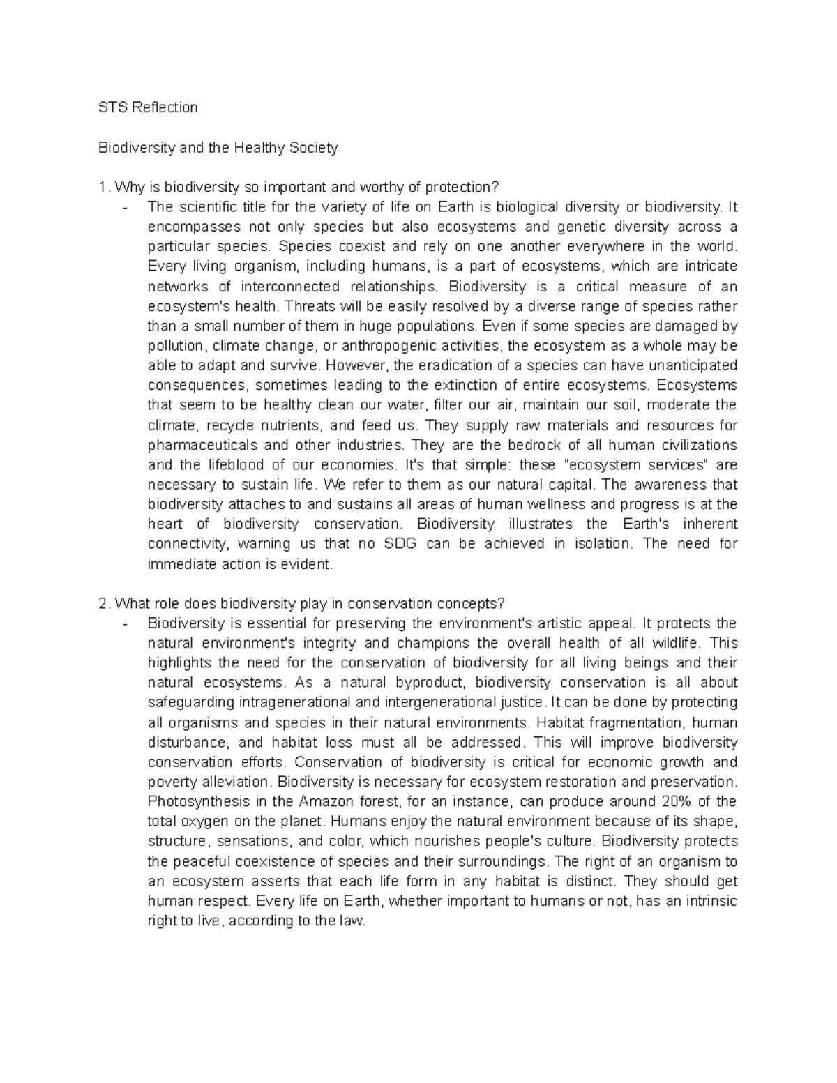 Biodiversity - A reflection paper. - STS Reflection Biodiversity and ...