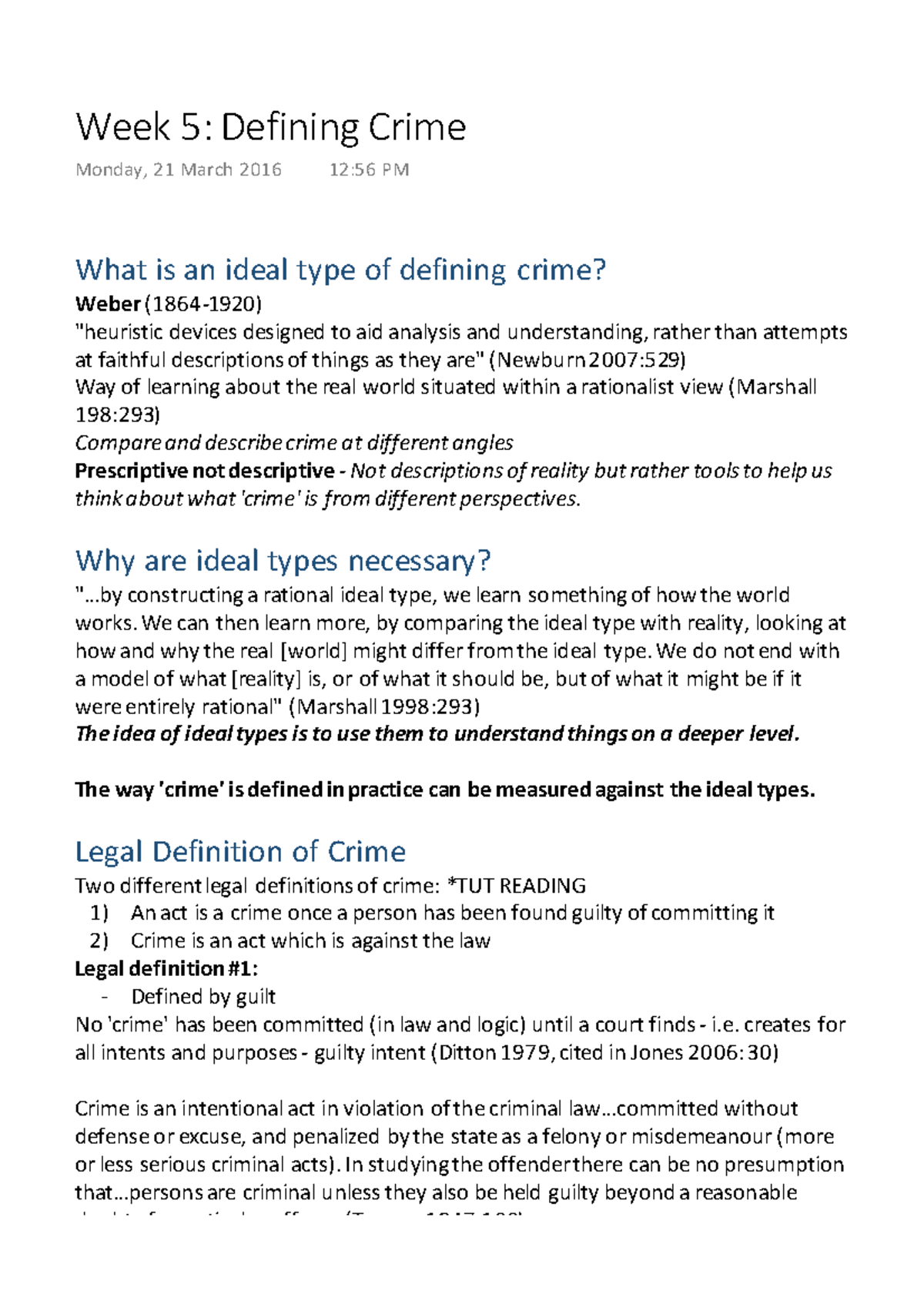 Week 5 Defining Crime - What is an ideal type of defining crime? Weber ...