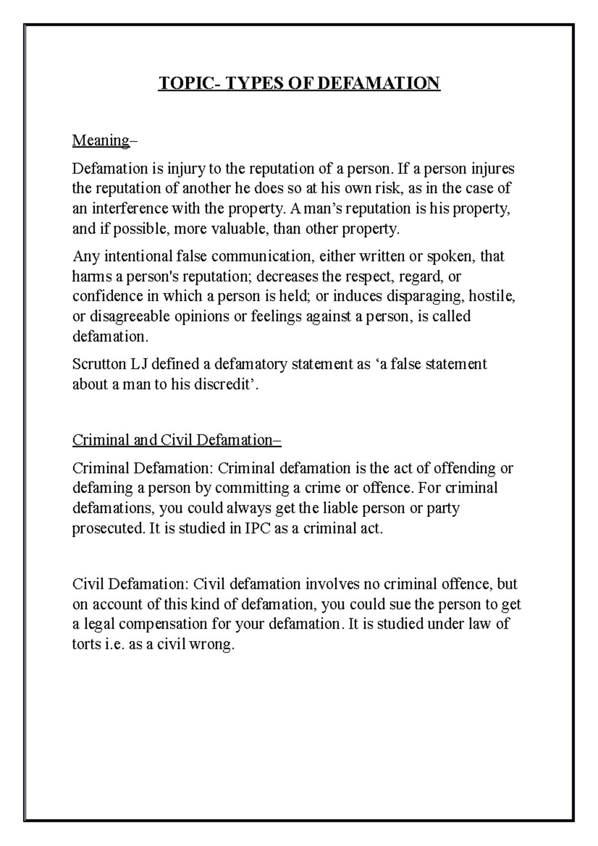 Types of Defamation - TOPIC- TYPES OF DEFAMATION Meaning– Defamation is ...