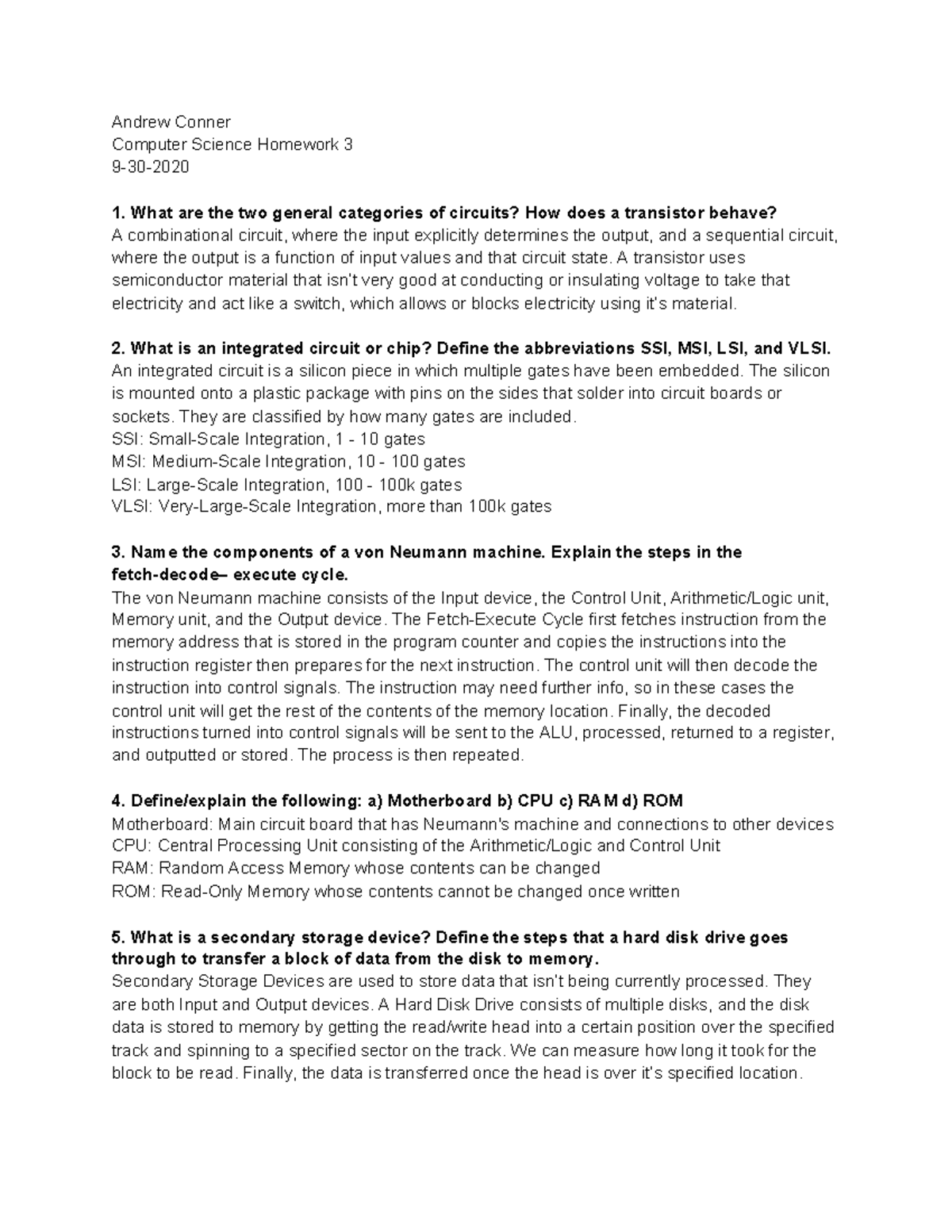 Computer Architecture Worksheet 3 for CSCI 125 - Andrew Conner Computer ...