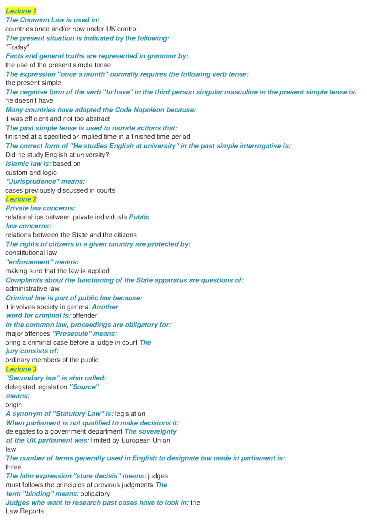 Inglese-2 esame - Lezione 1 The Common Law is used in: countries once ...