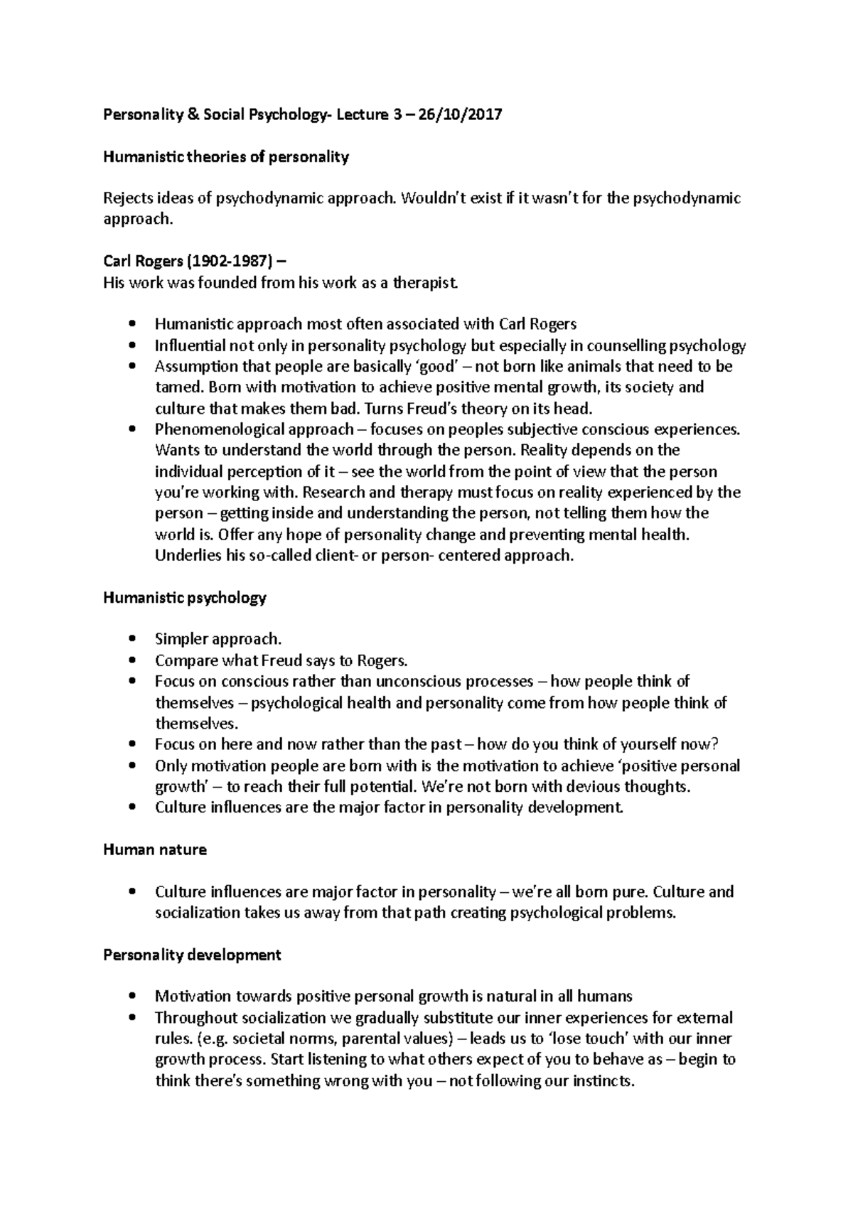 Lecture 3 - Humanistic theories - exist if it for the psychodynamic ...
