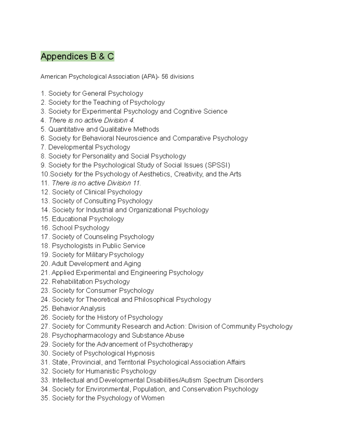 Self mind society appendices B and C - Appendices B & C American ...