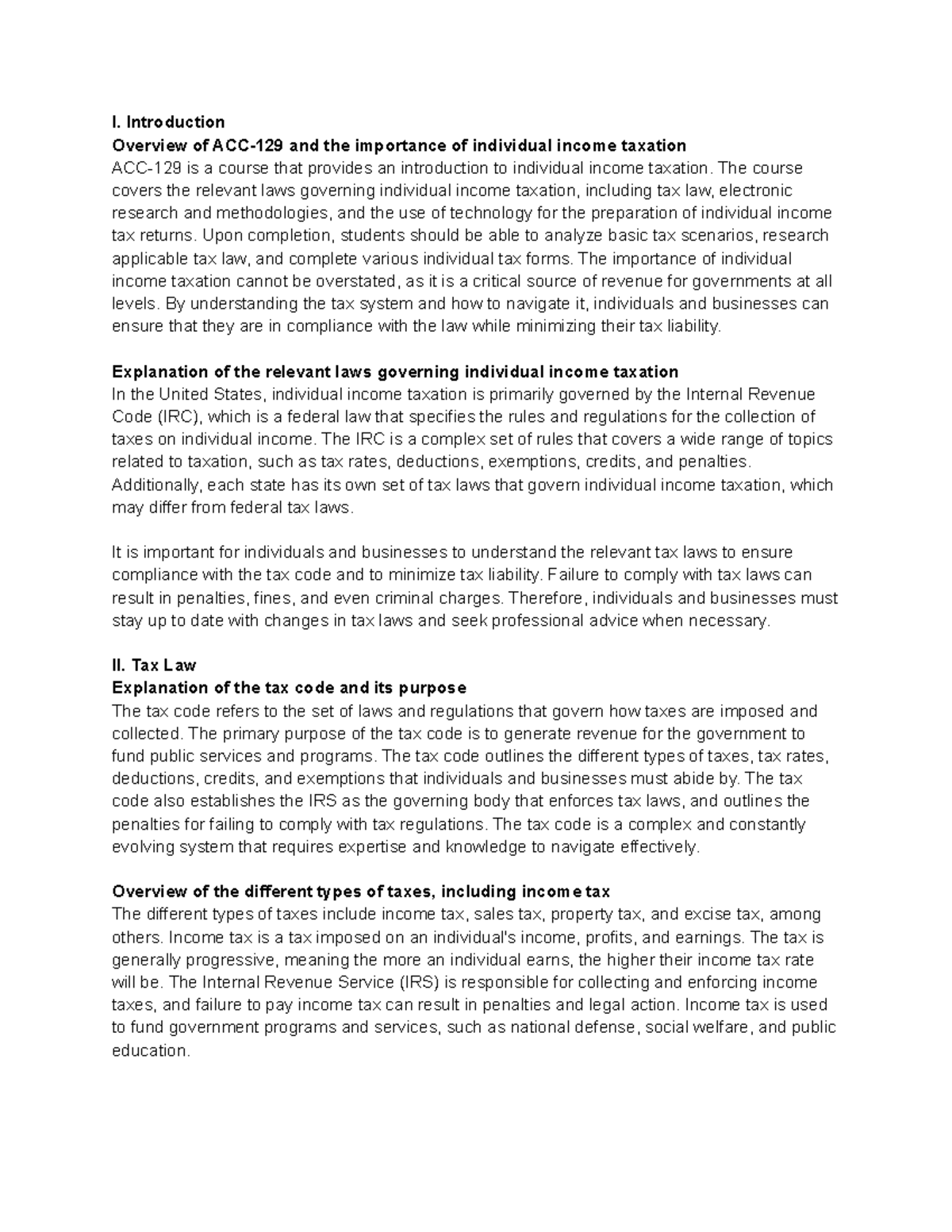 ACC-129 Individual Income Taxes Notes - I. Introduction Overview of ACC ...