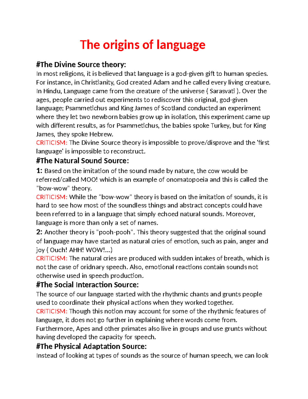Introduction to Linguistics summary - The origins of language #The Divine Source theory: In most ...