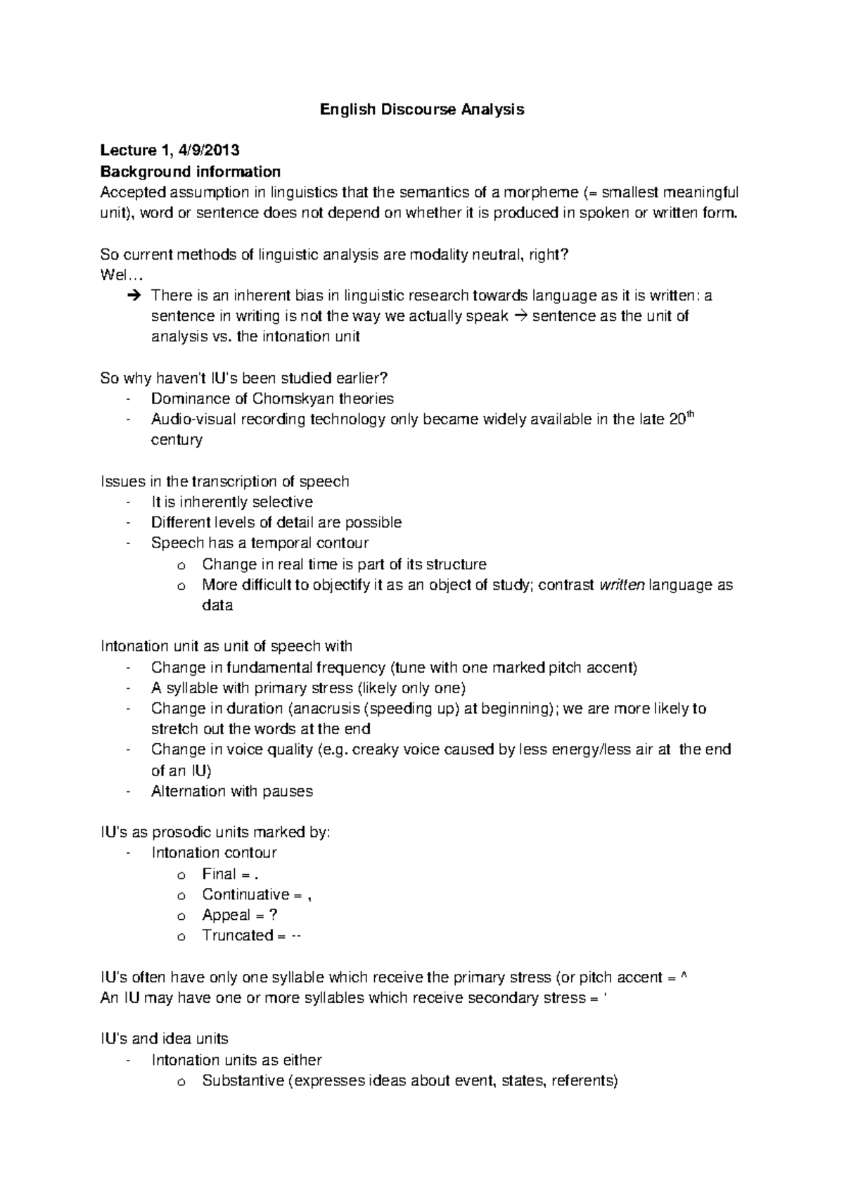 Notes Discourse Analysis Lecture 1 4 English Discourse Analysis