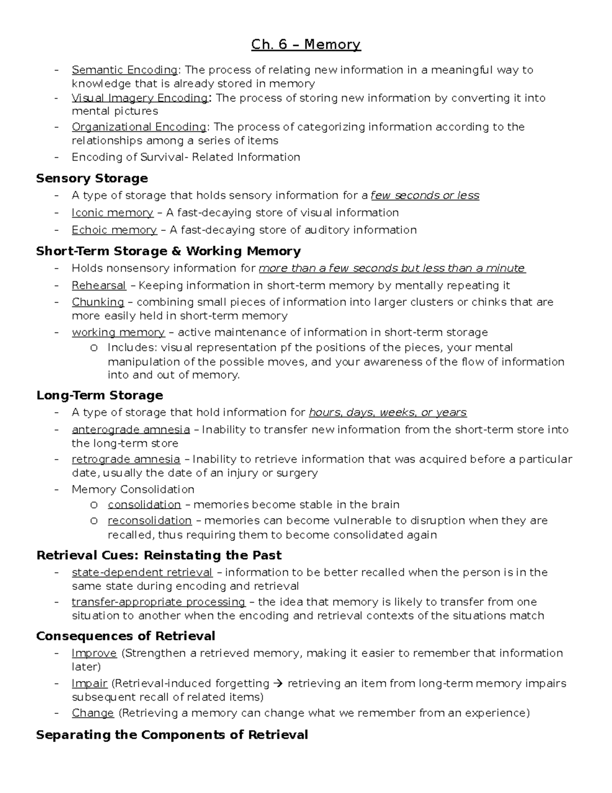 Chapter 6 - Memory - Ch. 6 – Memory - Semantic Encoding: The process of relating new information ...