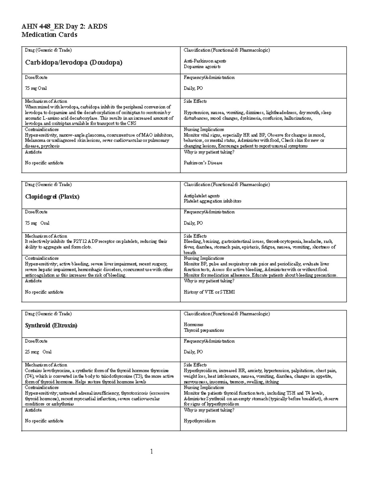 AHN 448 ER Day 2- ARDS Medication Cards - AHN 448_ER Day 2: ARDS ...