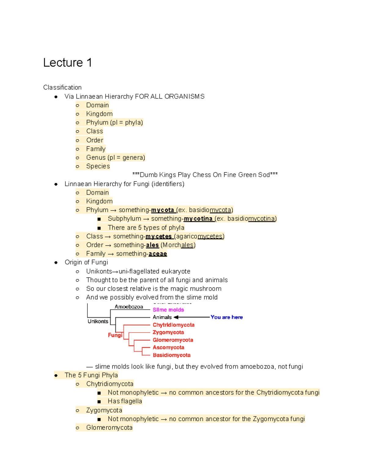 Fungi Notes - Lecture 1 Classification Via Linnaean Hierarchy FOR ALL ...