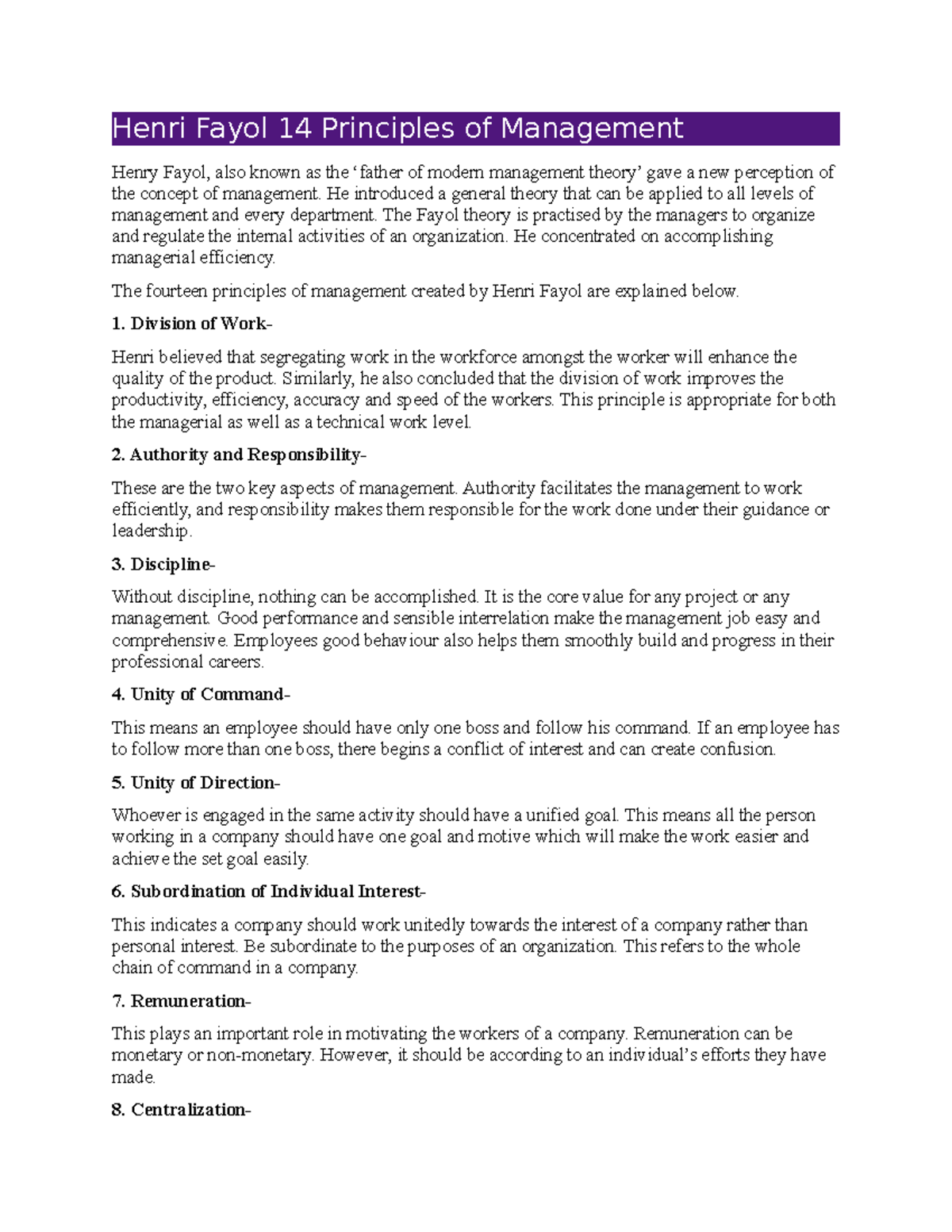 Henri Fayol 14 Principles of Management - Henri Fayol 14 Principles of ...