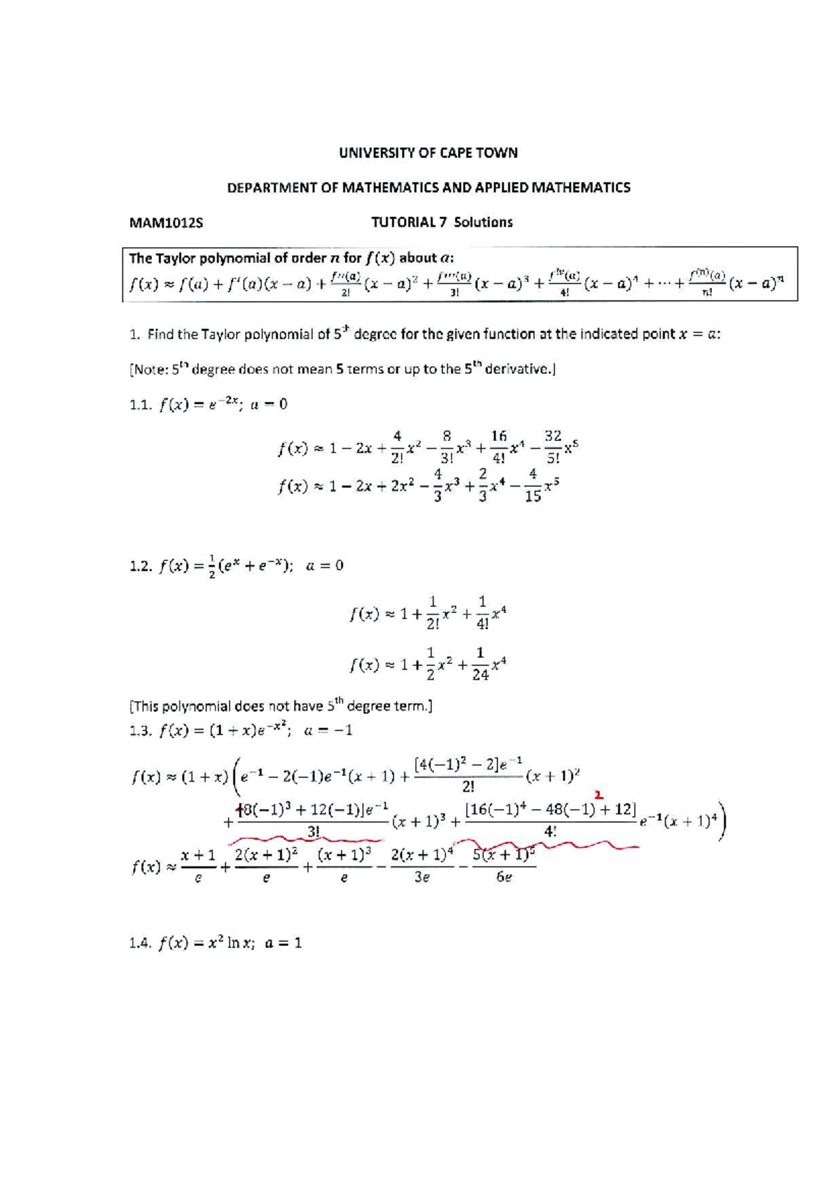 Tutorial 7 Corrected Solutions - UNIVERSITY OF CAPE TOWN DEPARTMENT OF ...