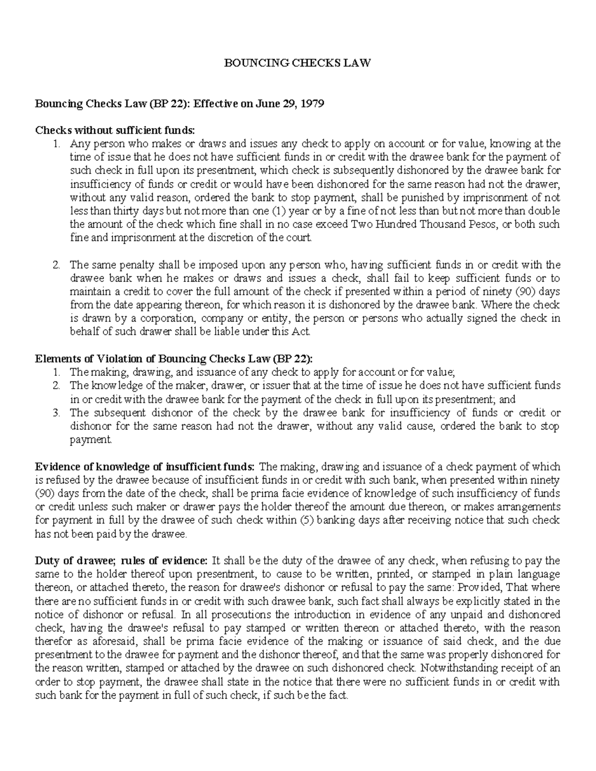 Bp22 - lecture notes on bouncing check law - BOUNCING CHECKS LAW ...
