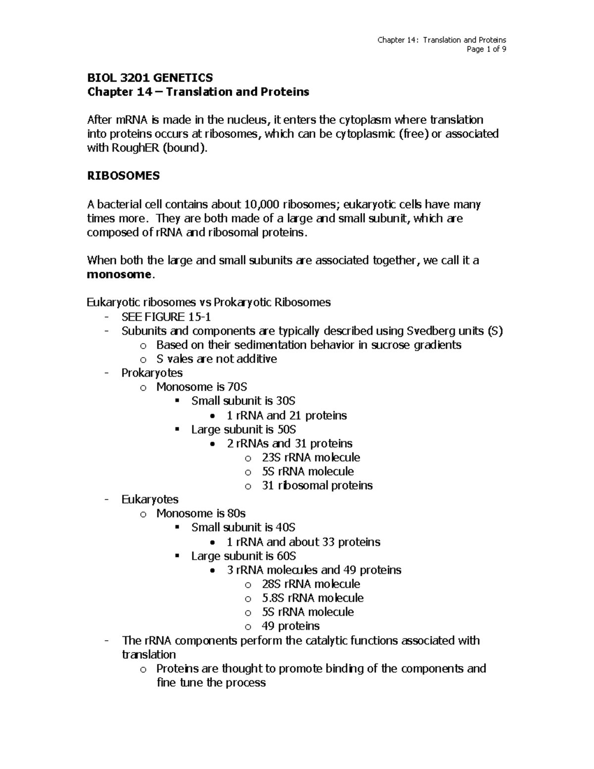 BIOL 3201 Chapter 14 - Translation and Proteins - Page 1 of 9 BIOL 3201 ...