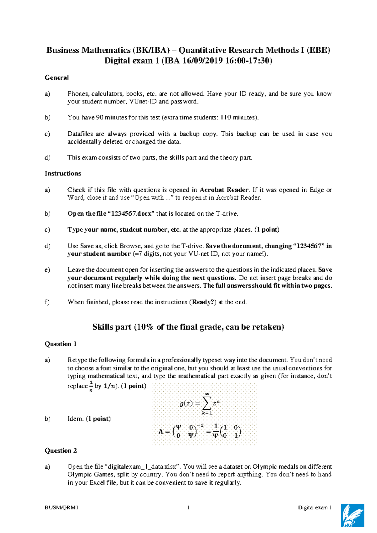 Campus digitalexam 1 questions IBA - Business Mathematics (BK/IBA ...