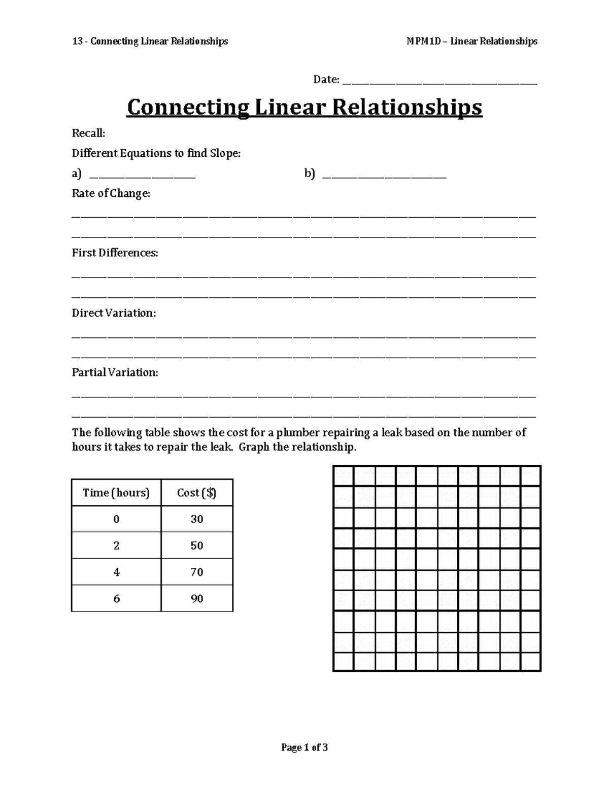 13 - Connecting Linear Relationships - Graph the relationship. Time ...