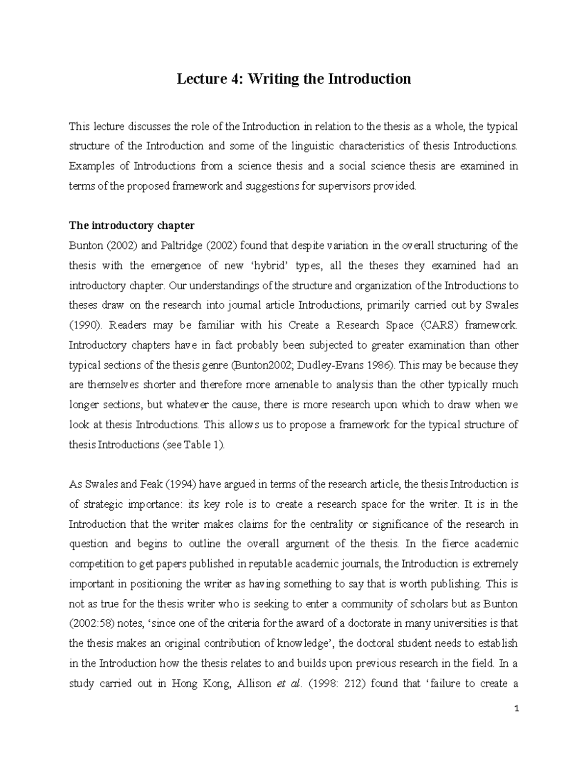 Lecture 4 - Lecture 4: Writing the Introduction This lecture discusses ...