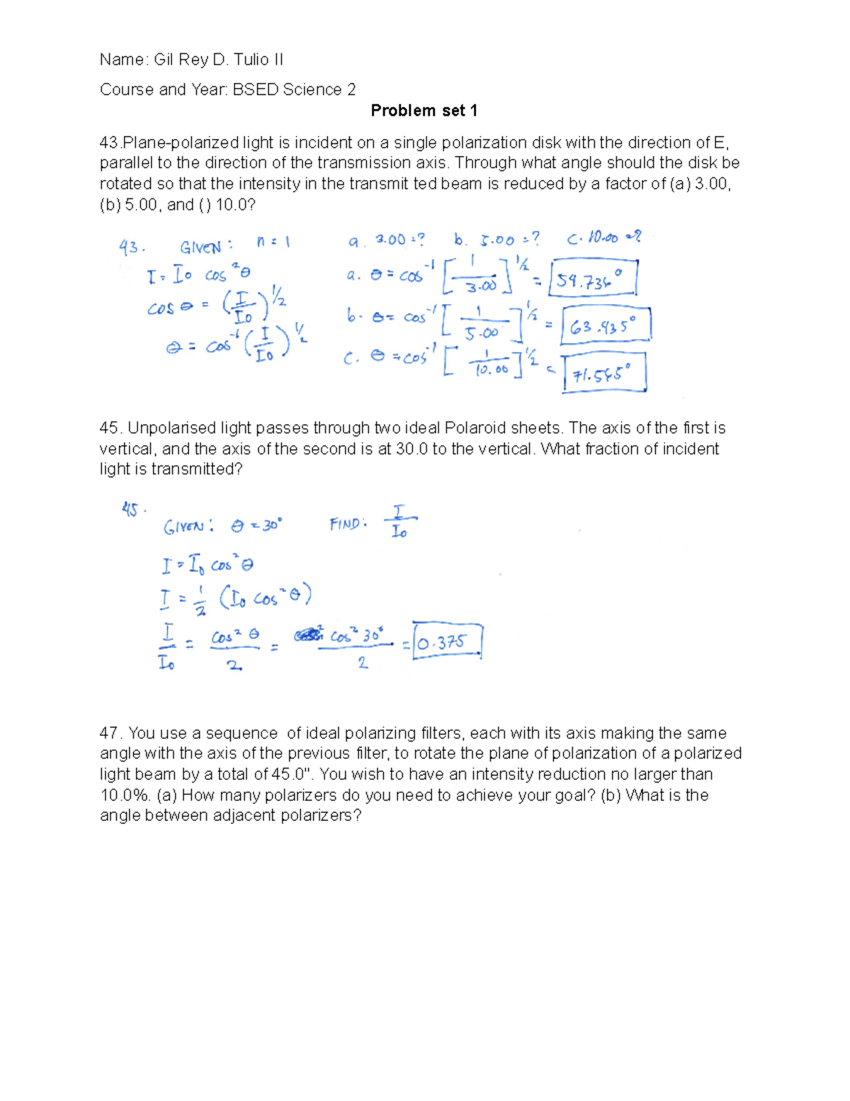 Edsci 119 - PS 1st Batch - Course and Year: BSED Science 2 Problem set ...