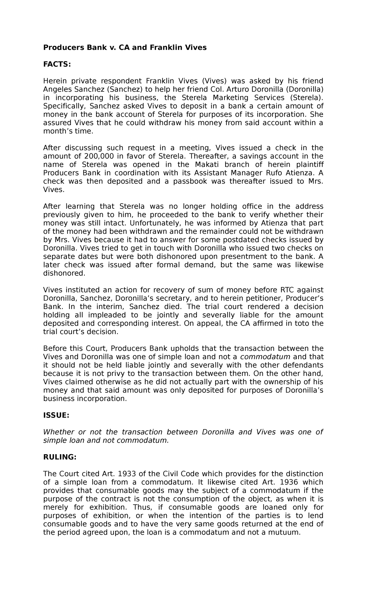 Producers BANK v. CA - Nature of Commodatum - Producers Bank v. CA and ...