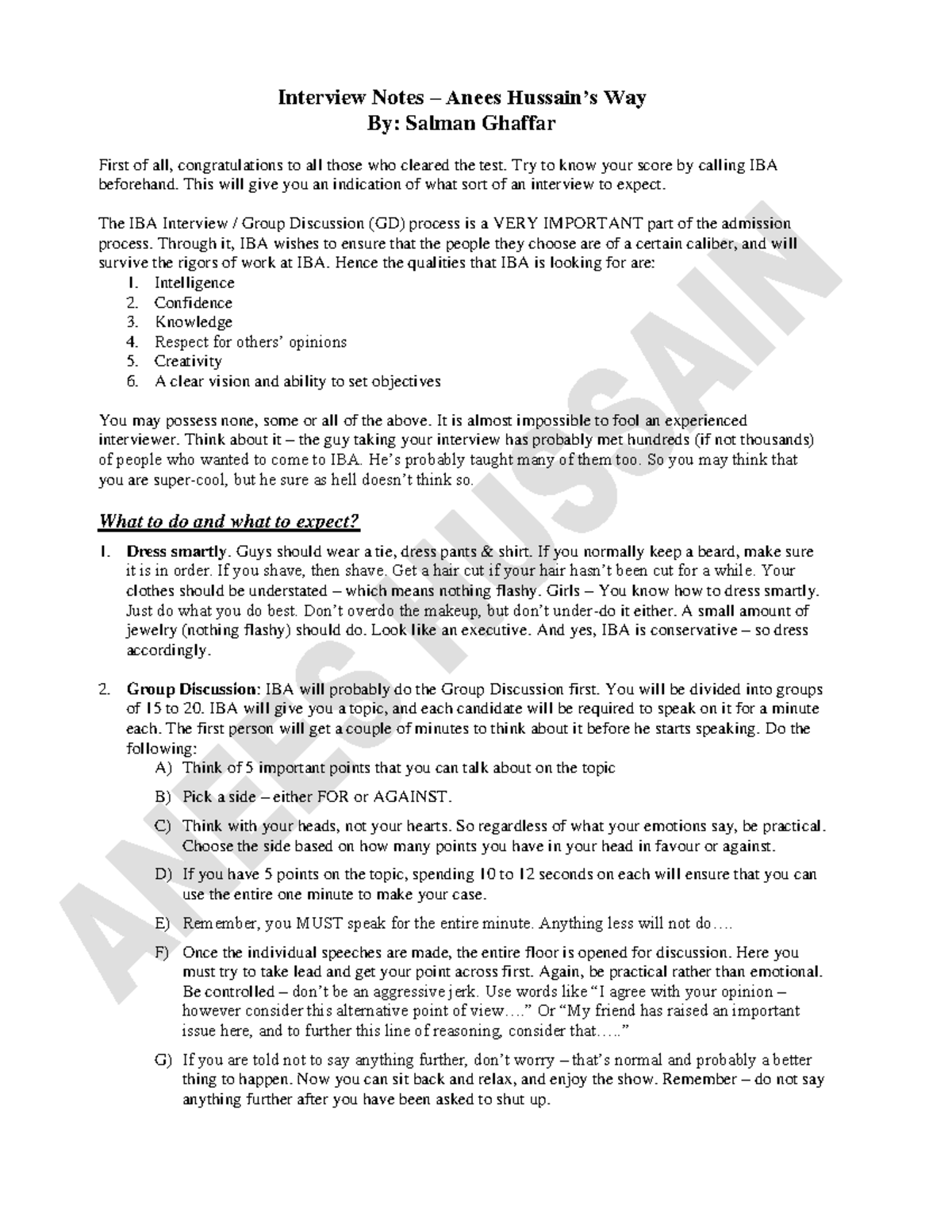 Interview prep - Interview Notes – Anees Hussain’s Way By: Salman ...