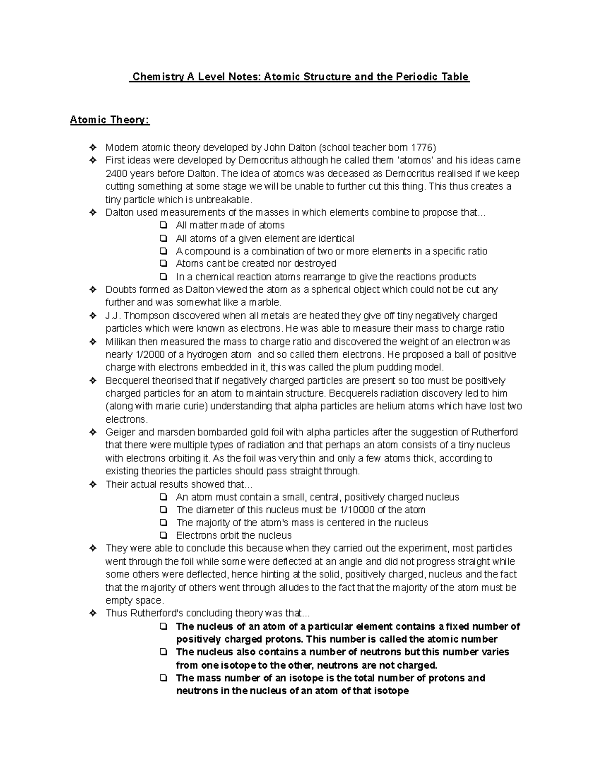 Chemistry A Level Notes: Atomic Structure and the Periodic Table - Studocu