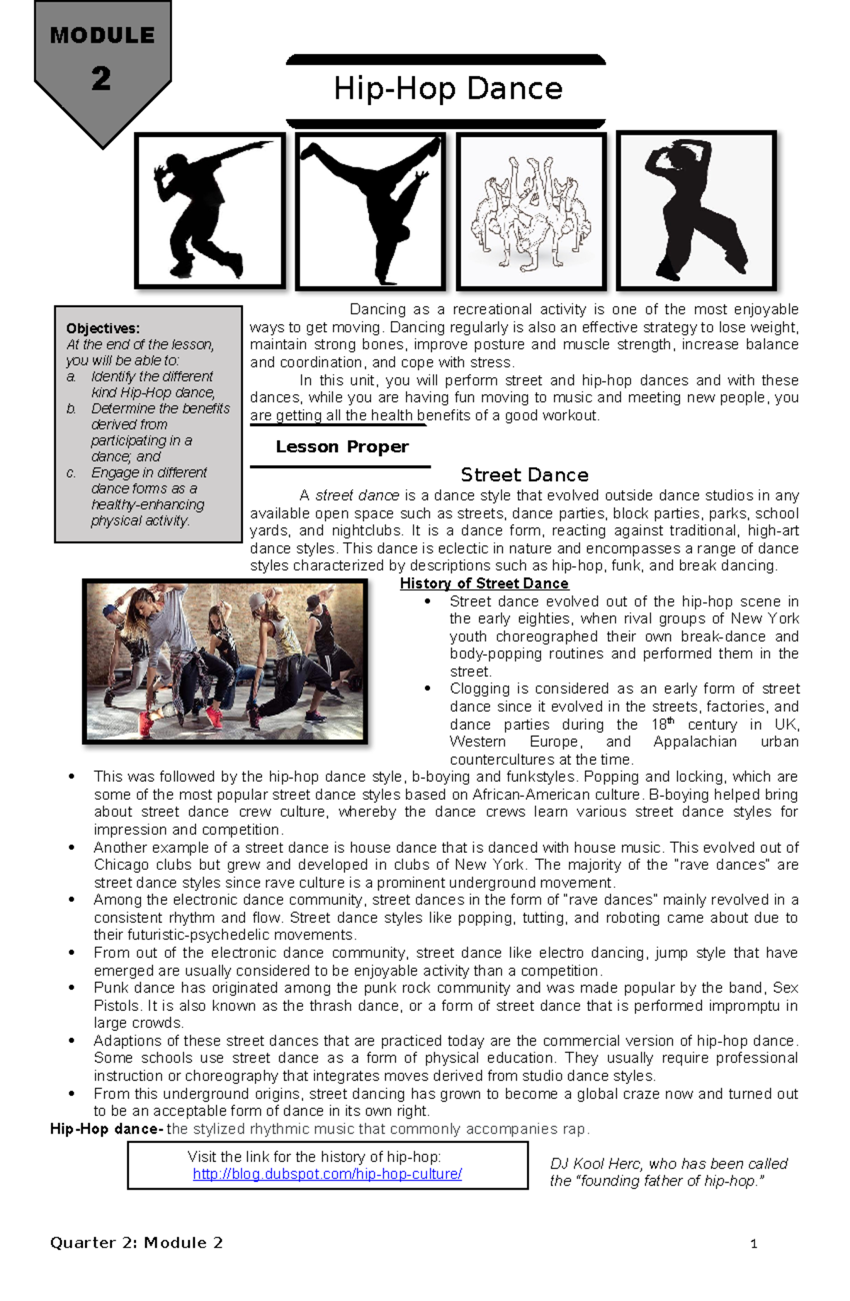 HIP-HOP Grade 12 Module 2 - Dancing as a recreational activity is one ...