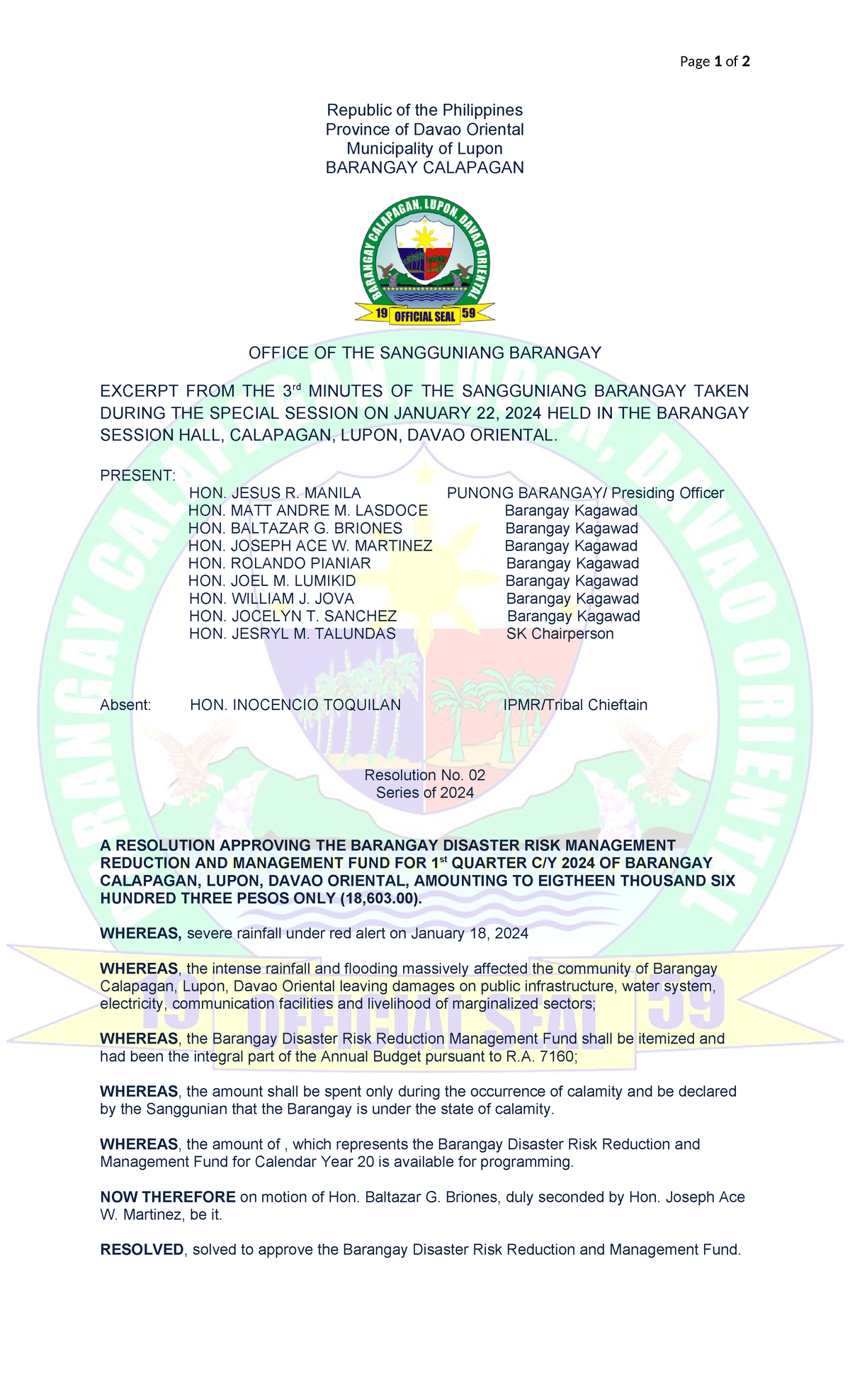 Resolution #2 - Page 1 of 2 Republic of the Philippines Province of ...