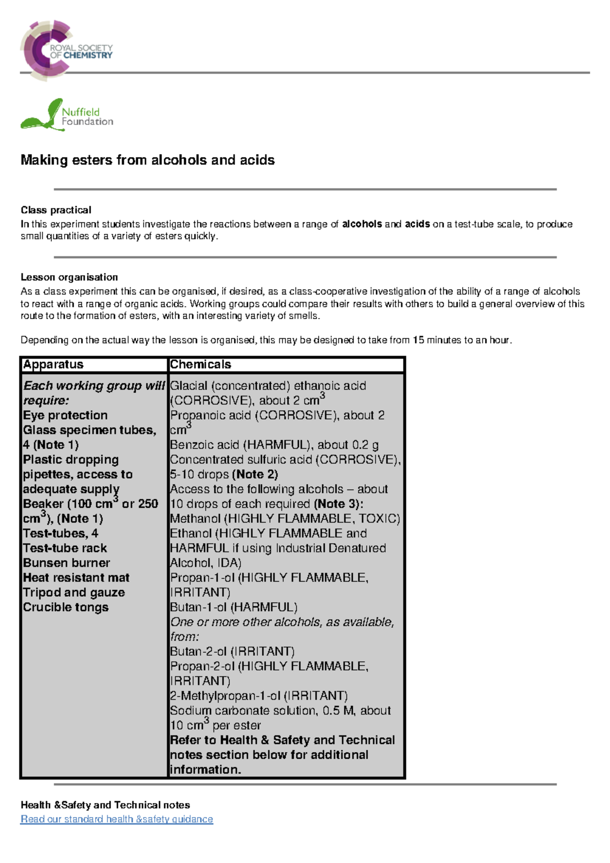 Making esters from alcohols and acids - alcohols and acids on a test ...