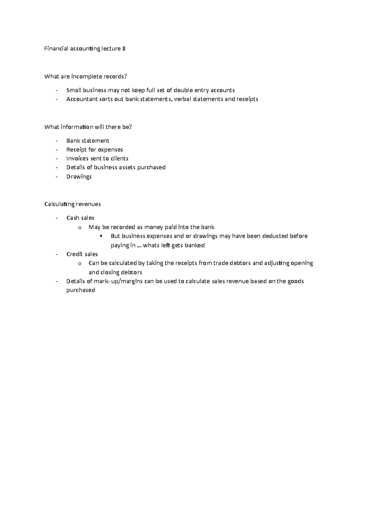 Week 8 lecture notes - incomplete records - Financial accounting ...