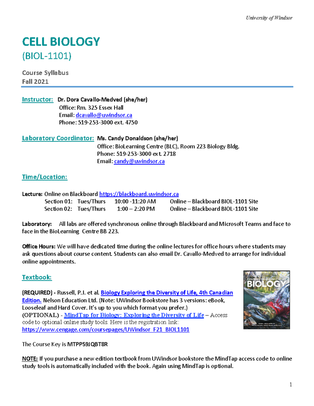 BIOL1101 Syllabus - practice - CELL BIOLOGY (BIOL-1101) Course Syllabus Fall 2021 Instructor: Dr ...