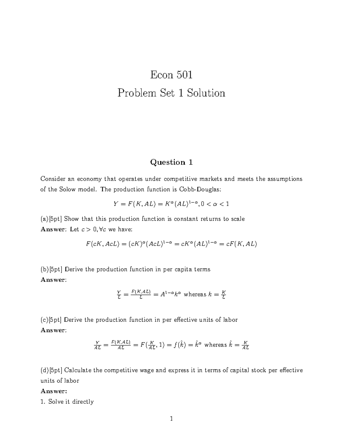 PS1 Solution - course notes and answer sheets - Econ 501 Problem Set 1 ...