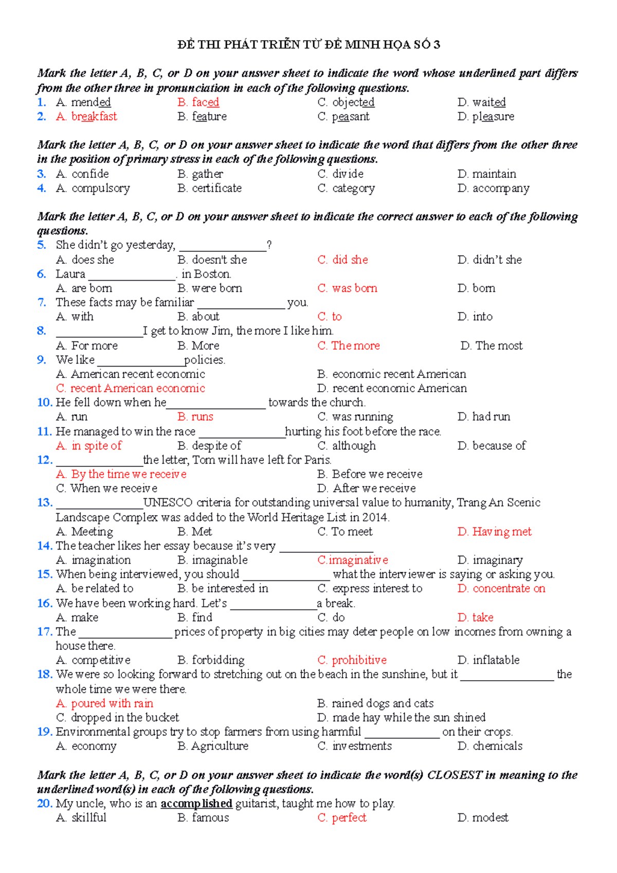 PH T TRI N T MINH H A S 3 - Summary English - ĐỀ THI PHÁT TRIỄN TỪ ĐỀ MINH HỌA SỐ 3 Mark the ...