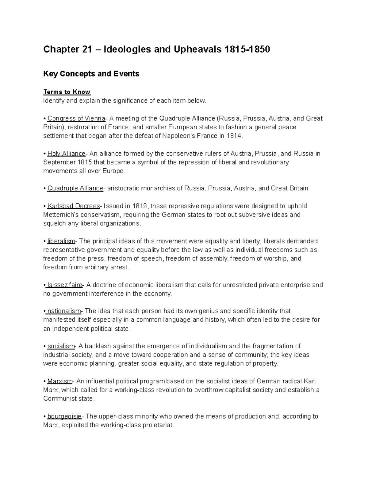 AP Euro- Ch 21 - Vocabulary and practice questions based on Chapter 21 ...