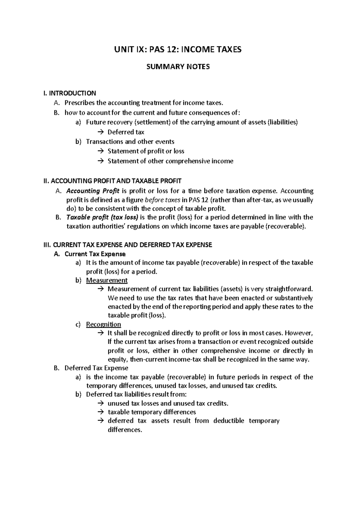 PAS 12 Miral UNIT 9 Summary Notes - UNIT IX: PAS 12: INCOME TAXES ...