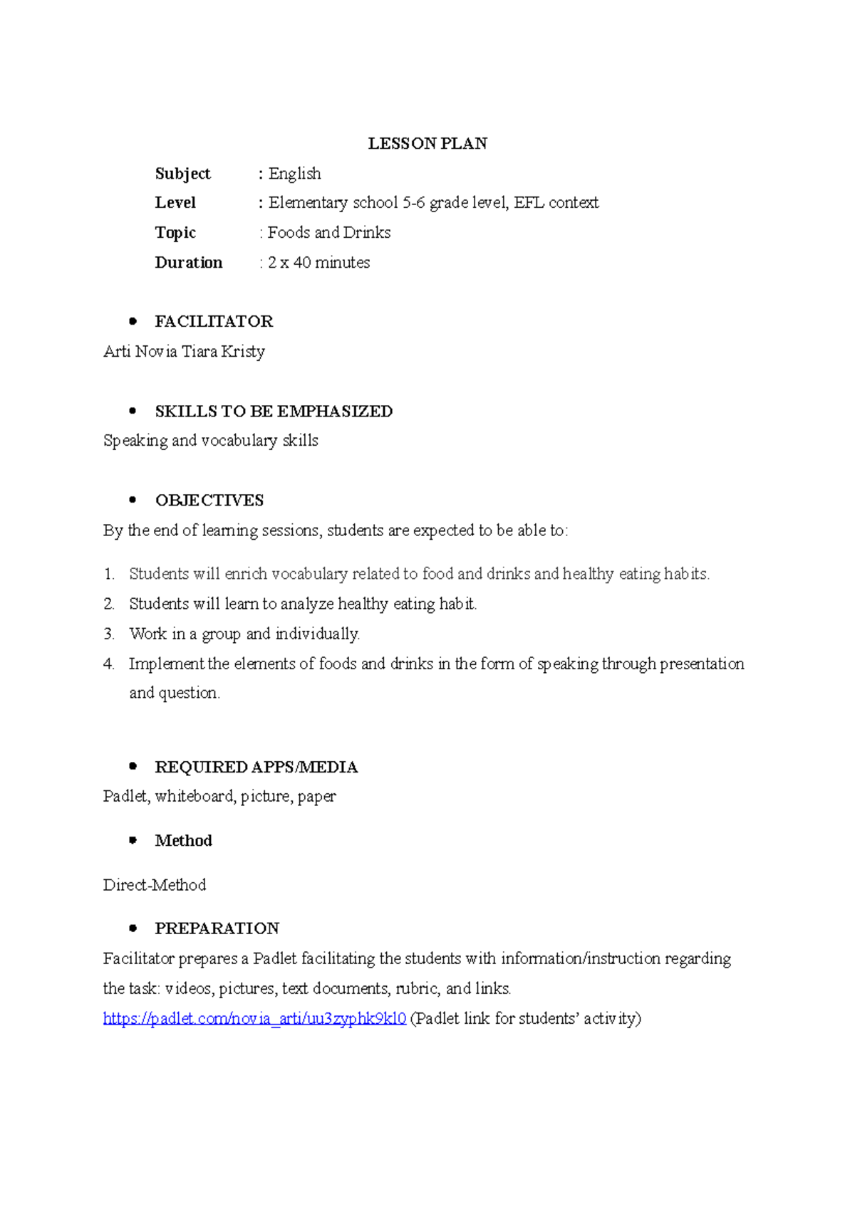 Lesson PLAN ARTI Novia (Food n Drink) - LESSON PLAN Subject : English ...