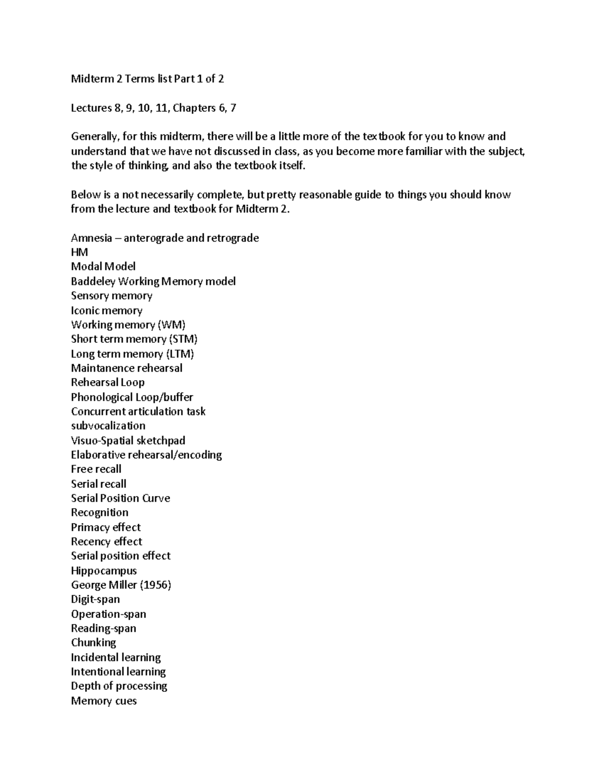 Midterm 2 Study Guide Part 1 - Midterm 2 Terms list Part 1 of 2 Lectures 8, 9, 10, 11, Chapters ...