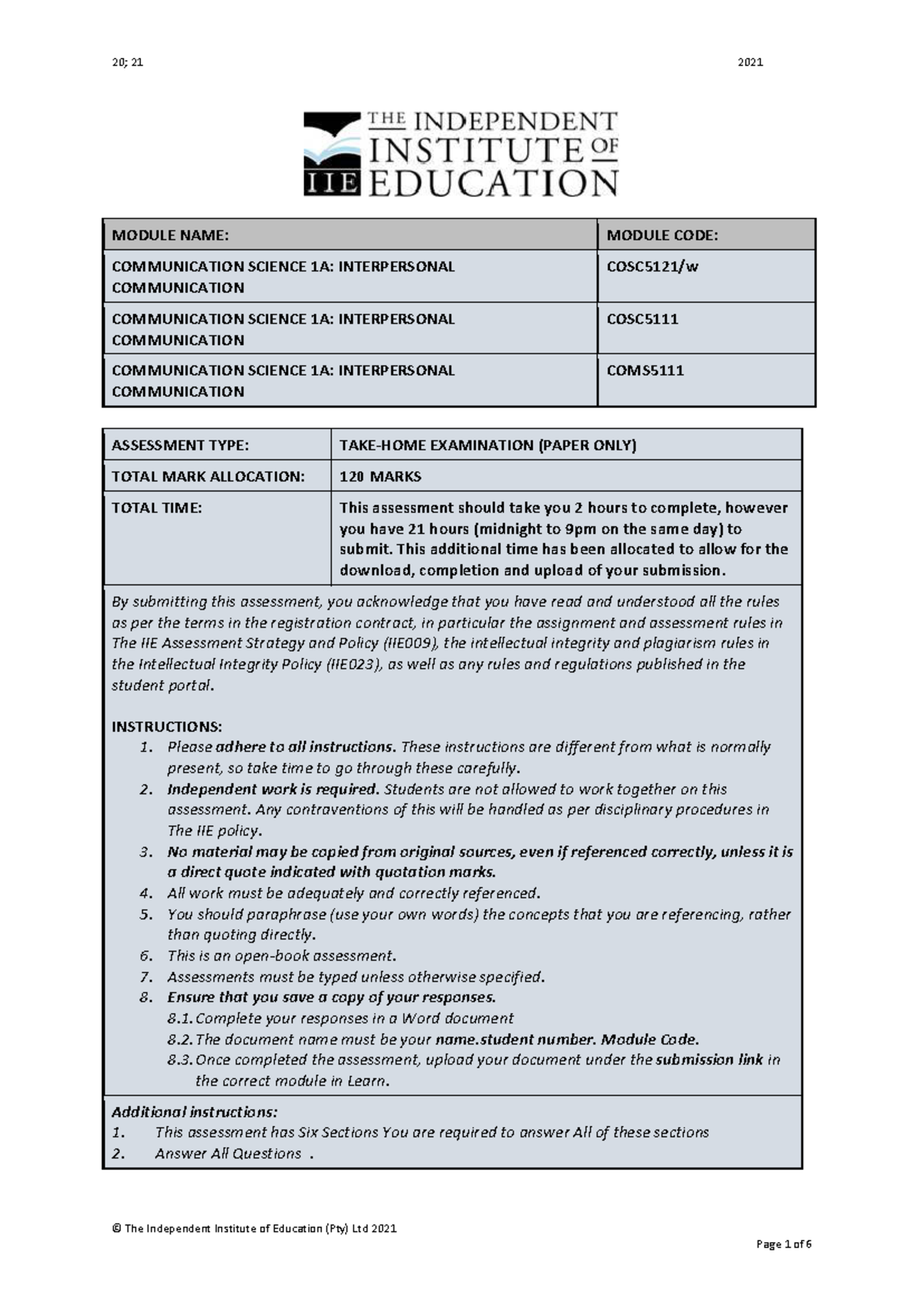 Take-Home Exam 1 - take home exam English - © The Independent Institute ...