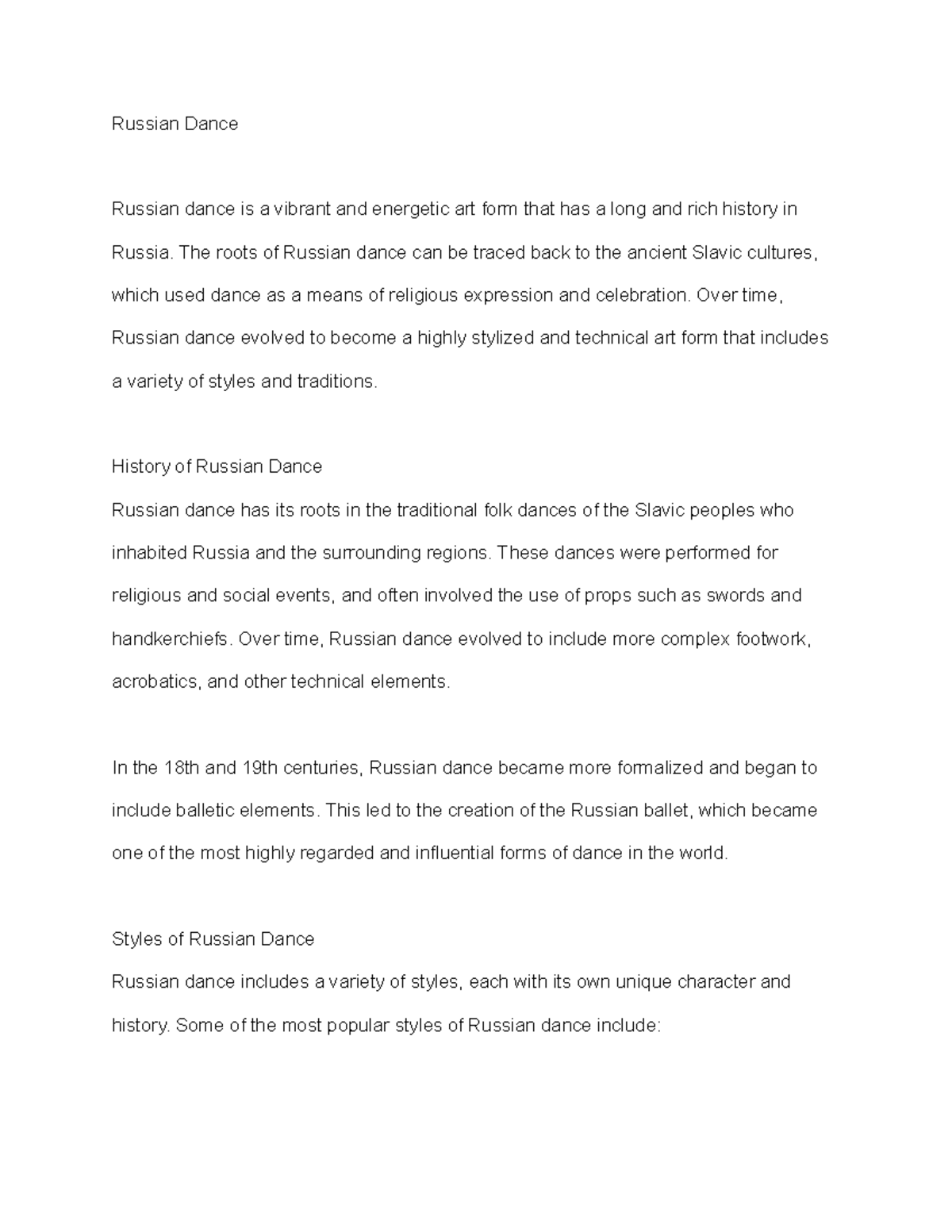 Lecture notes answers about Russian dance - Russian Dance Russian dance ...