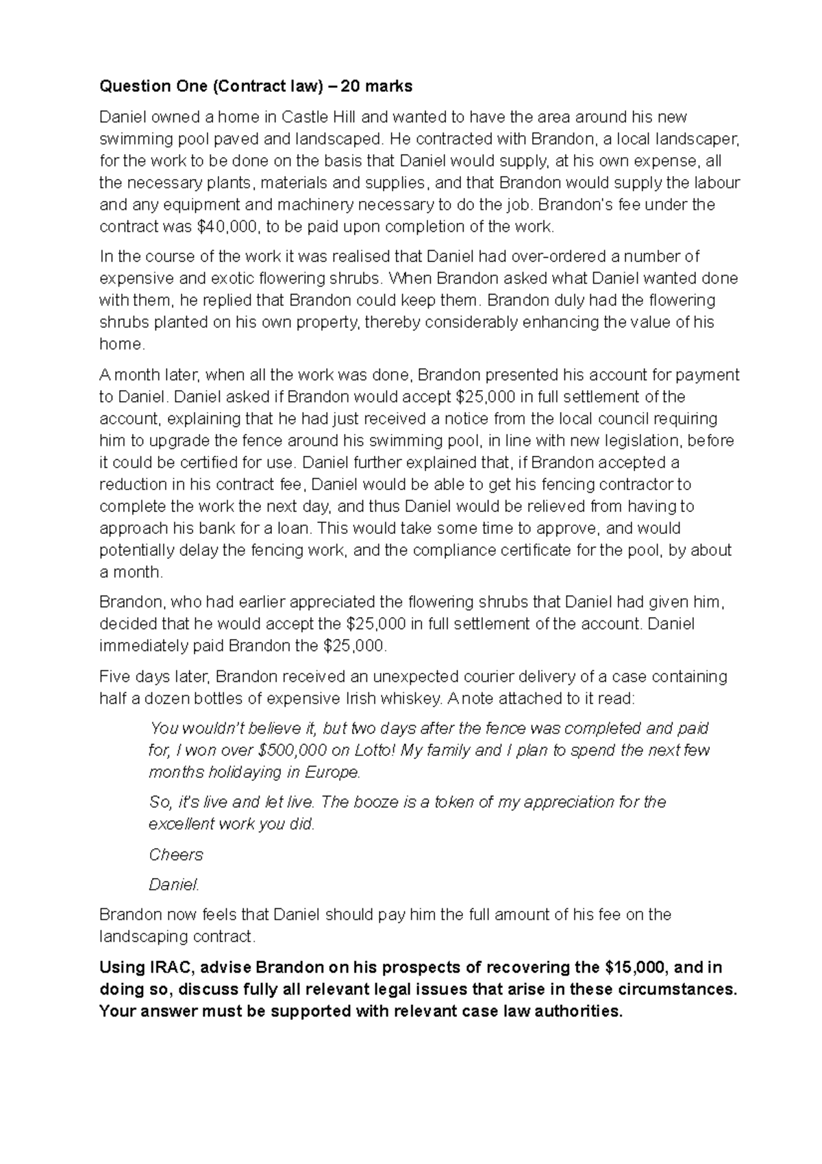 Assignment law - Cases with analysis using IRAC - Question One ...