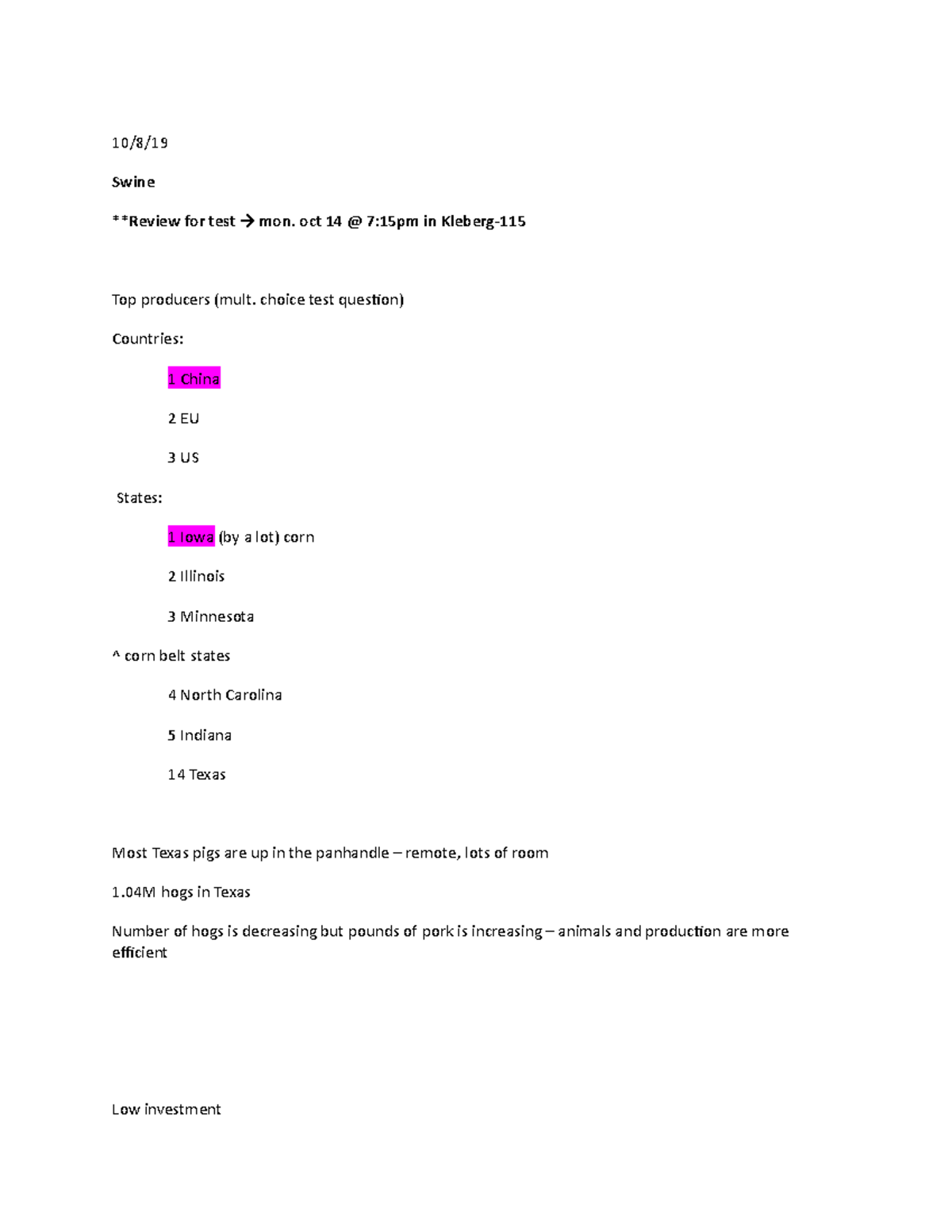 Swine - Lecture 5 - 10/8/ Swine **Review for test → mon. oct 14 @ 7 ...