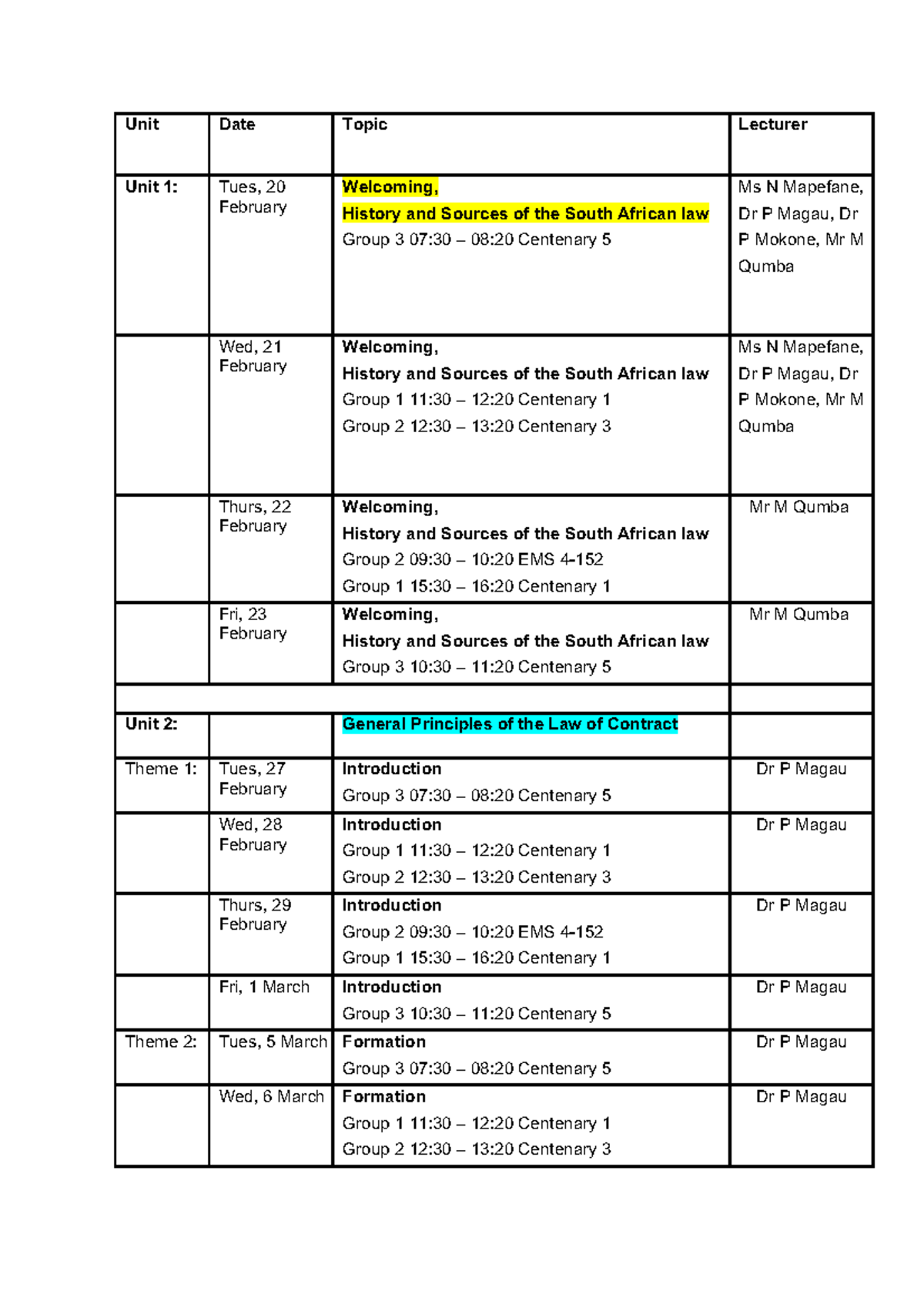 BER 210 Module Structure 2024 - Unit Date Topic Lecturer Unit 1: Tues ...