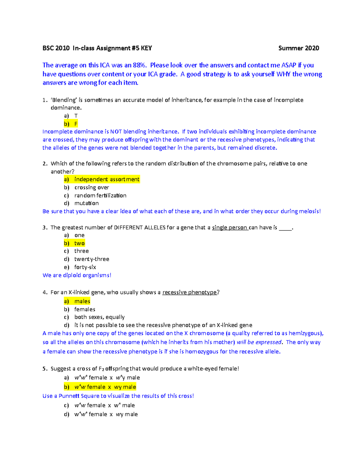ICA#4 Summer 2020 KEY posting - BSC 2010 In-class Assignment #5 KEY ...