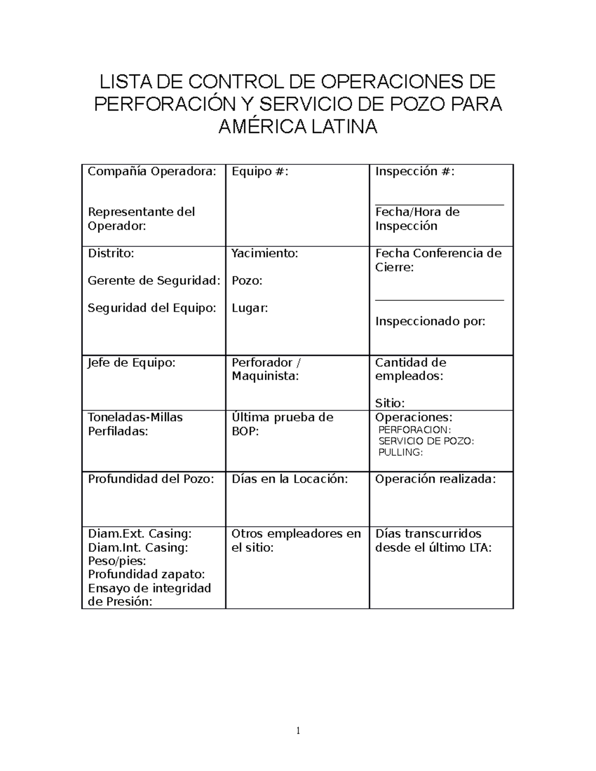 Check LIST Bombas, Tanques, Embudo - LISTA DE CONTROL DE OPERACIONES DE ...