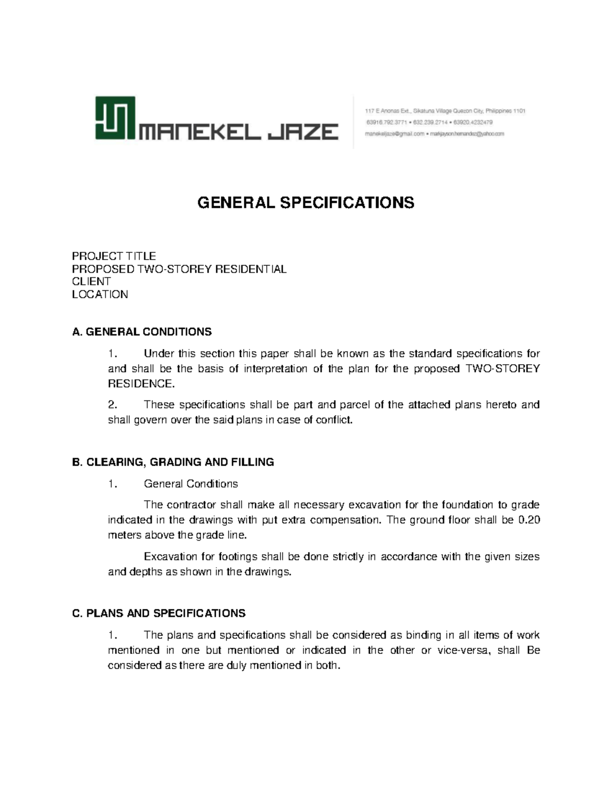 247110006 Two storey General Specifications - GENERAL SPECIFICATIONS ...