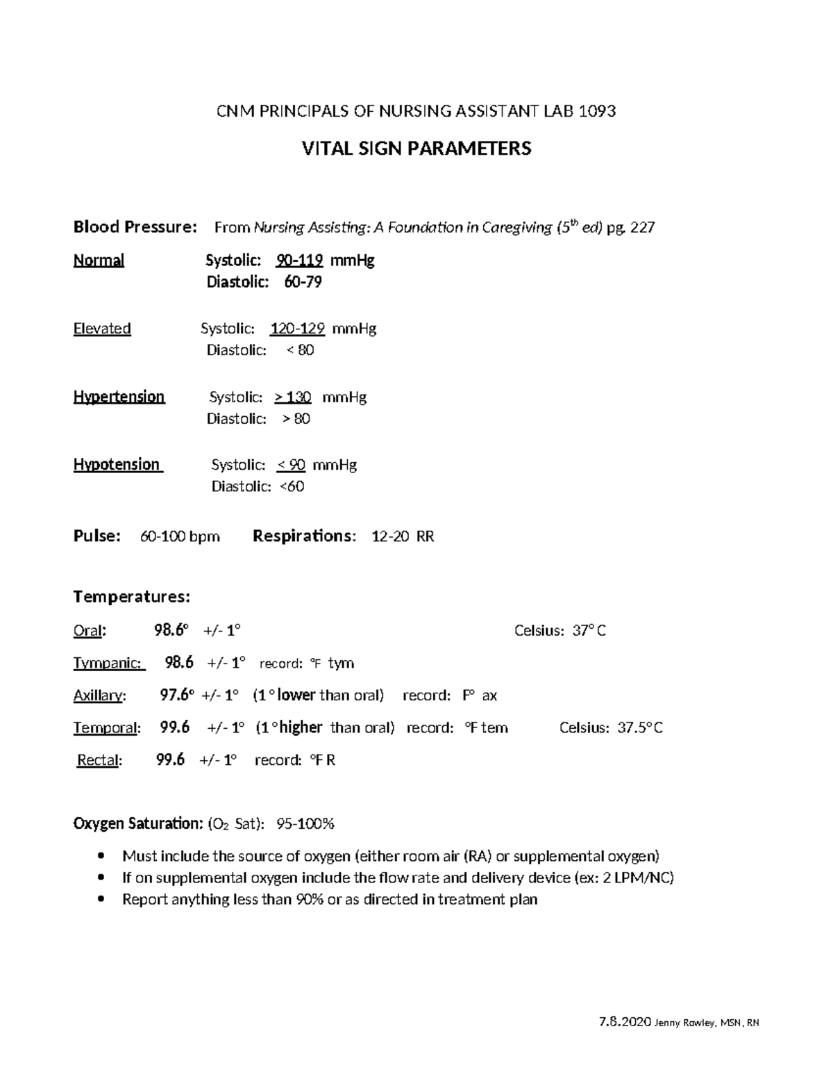 Vital Sign Parameters 7.8.2020 version - CNM PRINCIPALS OF NURSING ...