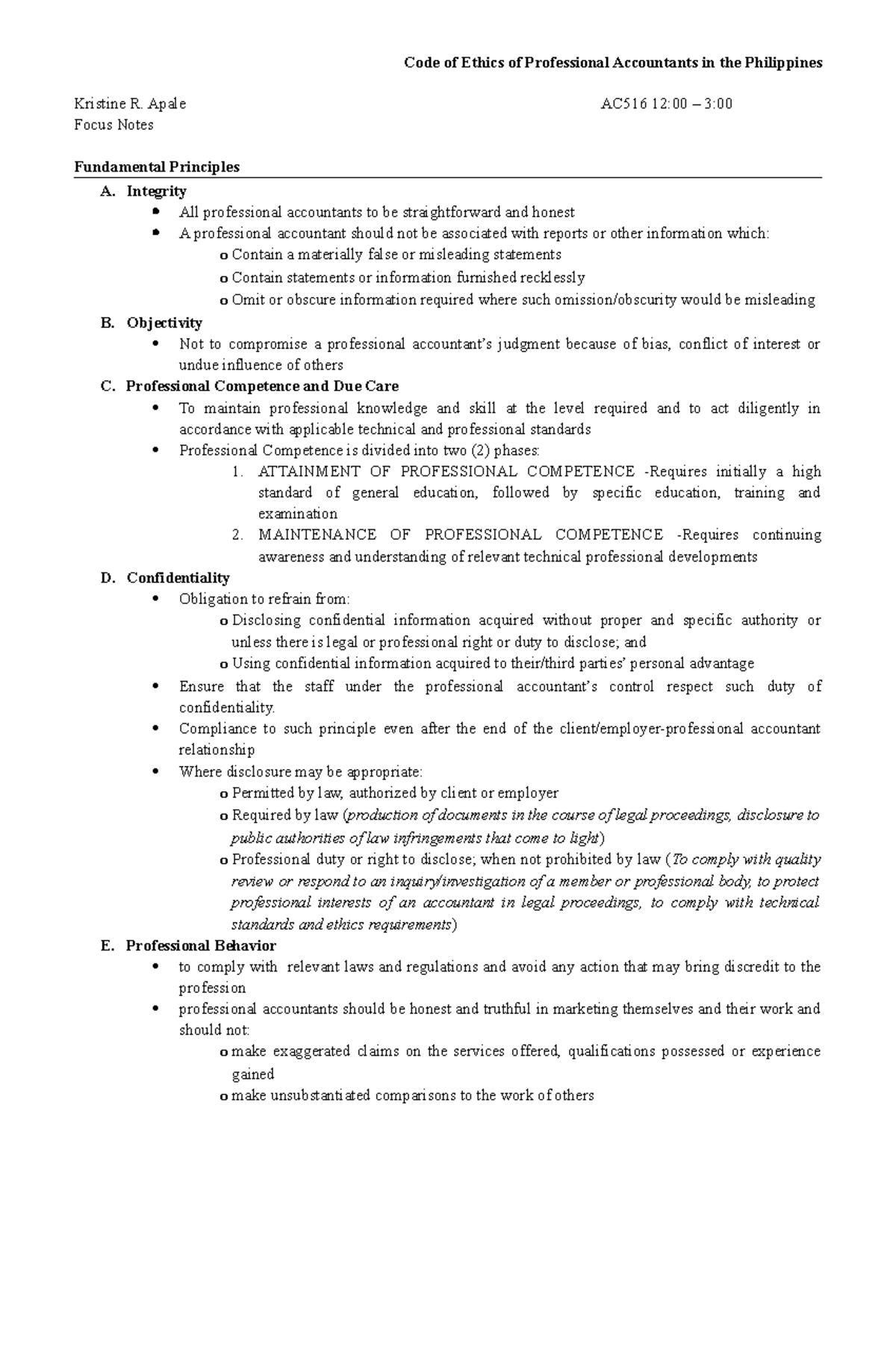 319052300 Focus Notes CODE OF Ethics - Kristine R. Apale AC516 12:00 ...