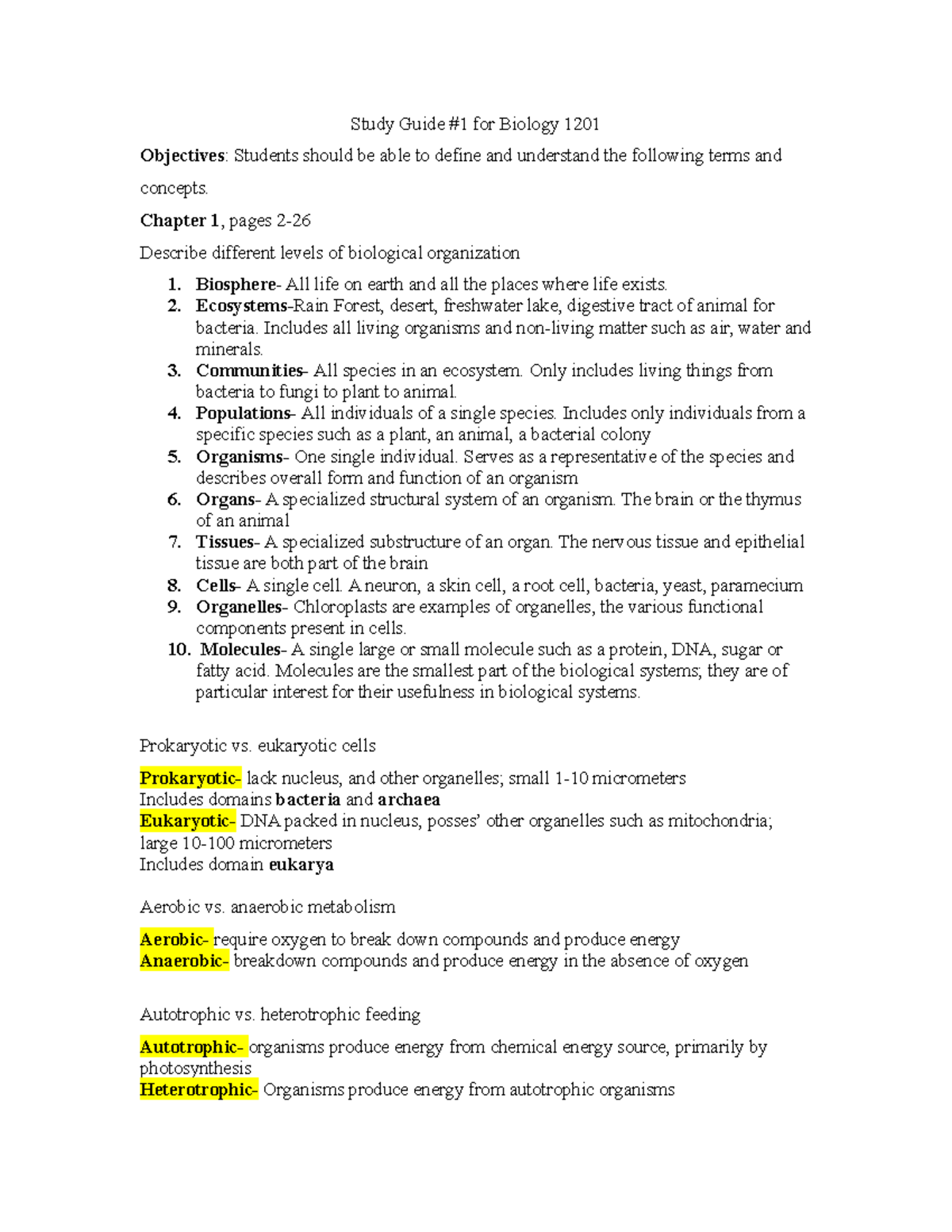 Study Guide #1 Summer 2023 BIOL 1201: SUMMER - Study Guide #1 for ...