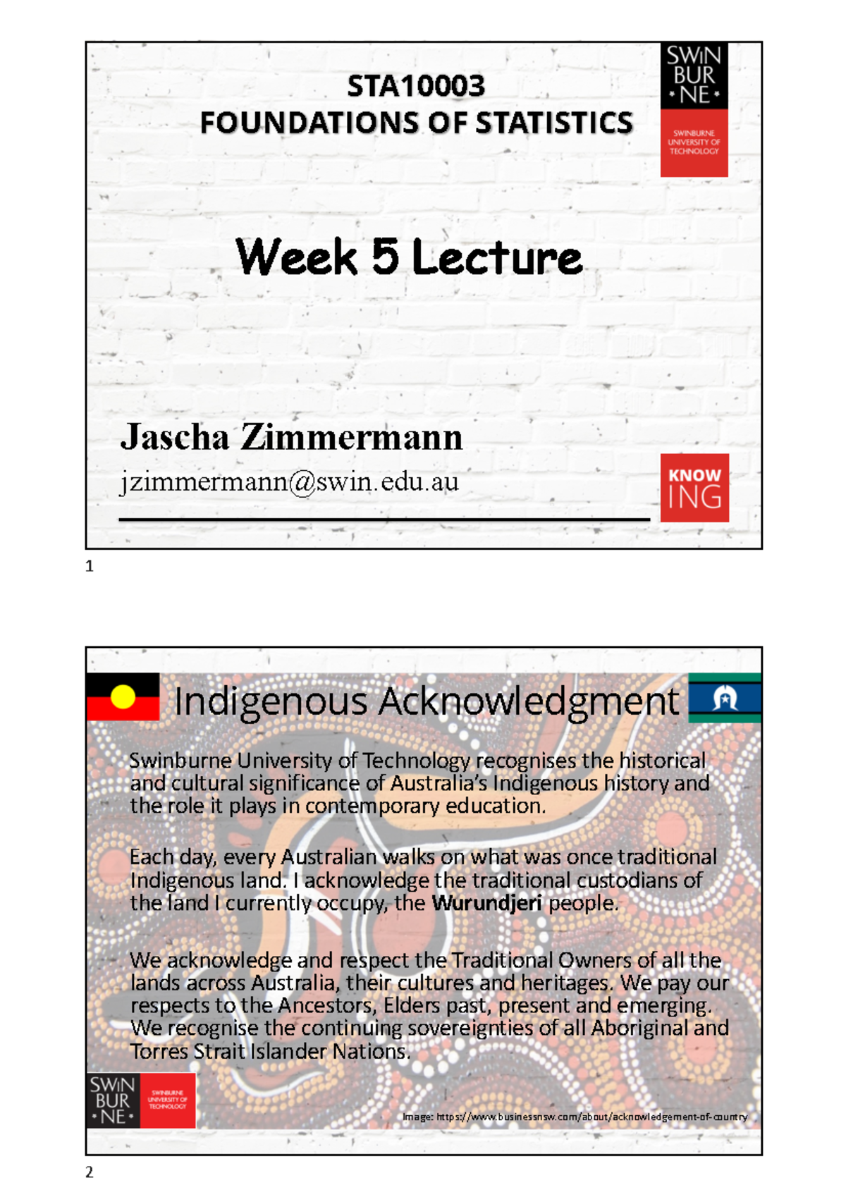 STA10003 Week 5 Lecture Slides 2pp - Week 5 Lecture ####### STA ####### FOUNDATIONS OF ...